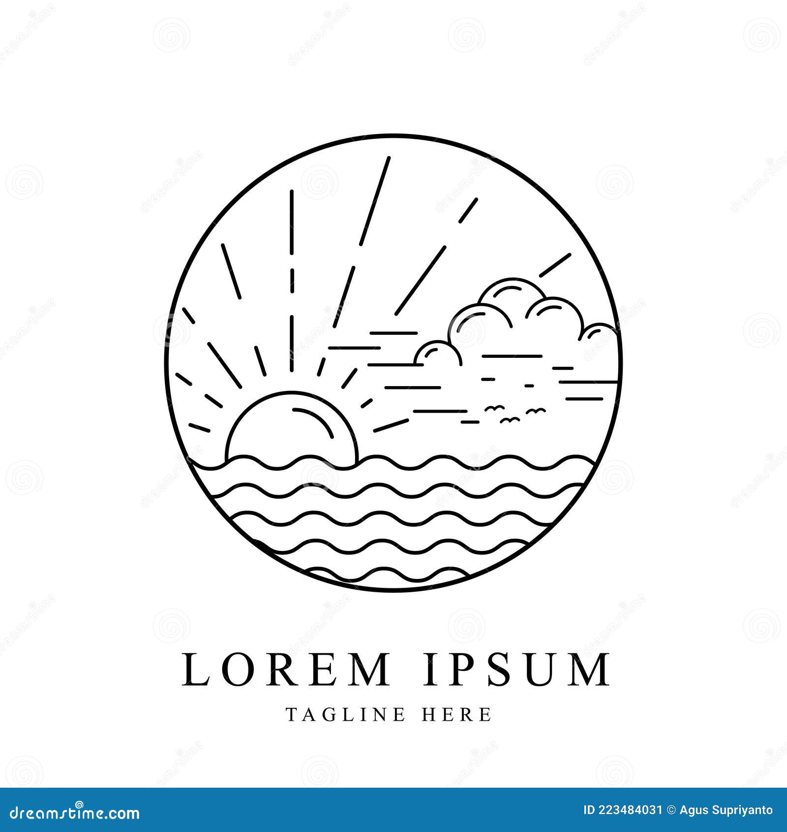 Sea Water and Sunset, Line Art Style Design Stock Vector - Illustration ...