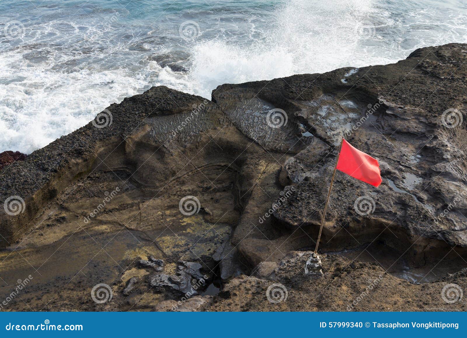 Sea Wave Coast Rock Red Flag Stock Photo - Image of flag, water: 57999340