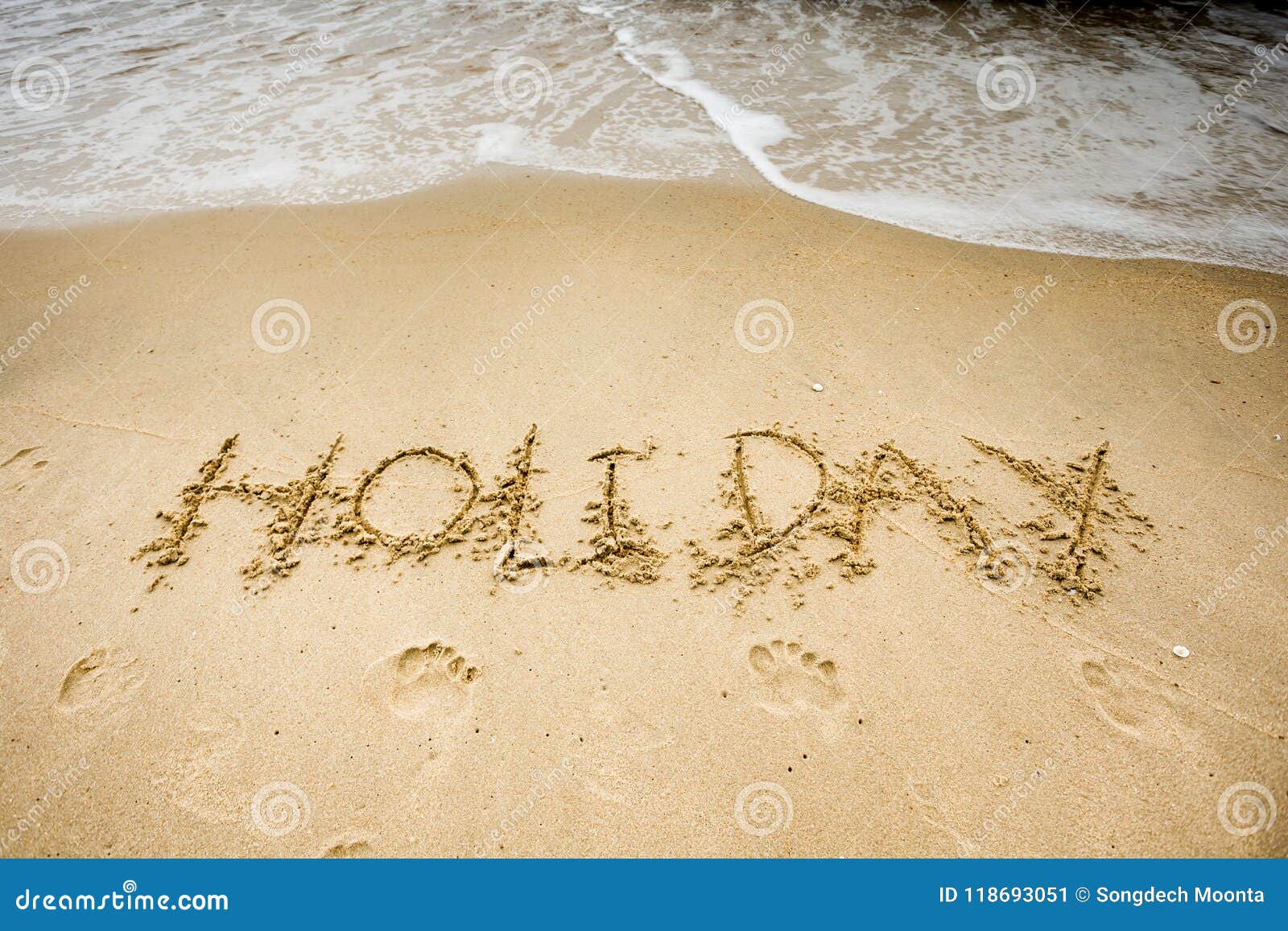 Sea Wave with Holiday Texts on the Sand Stock Image - Image of ...