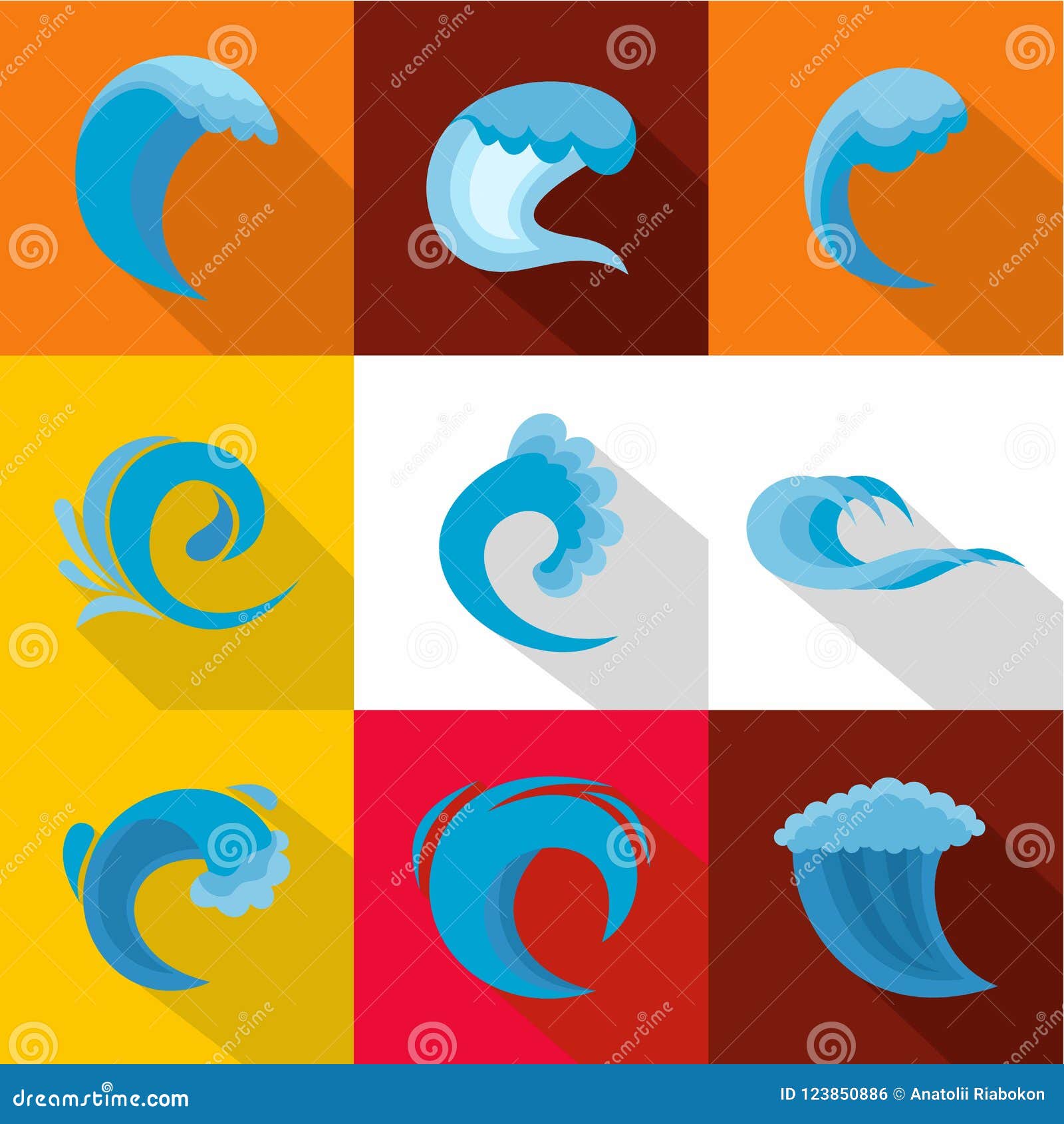 Sea Wave Icons Set, Flat Style Stock Illustration - Illustration of ...