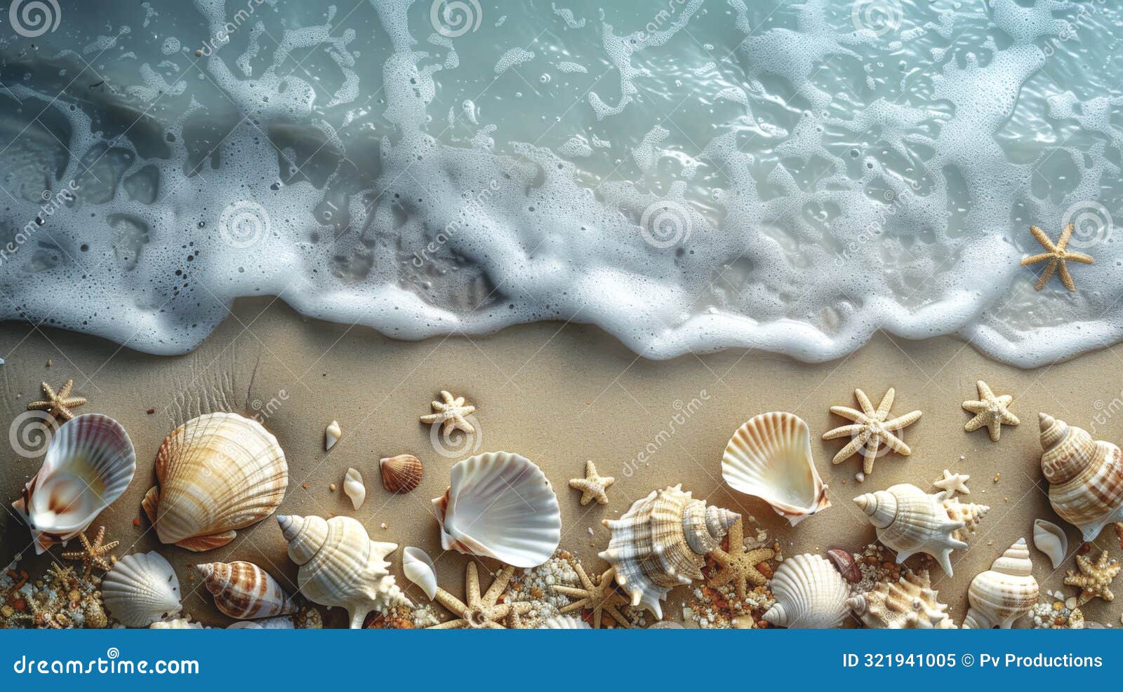 Sea Wave on a Sandy Shore with Shells, Top View. Stock Image - Image of ...