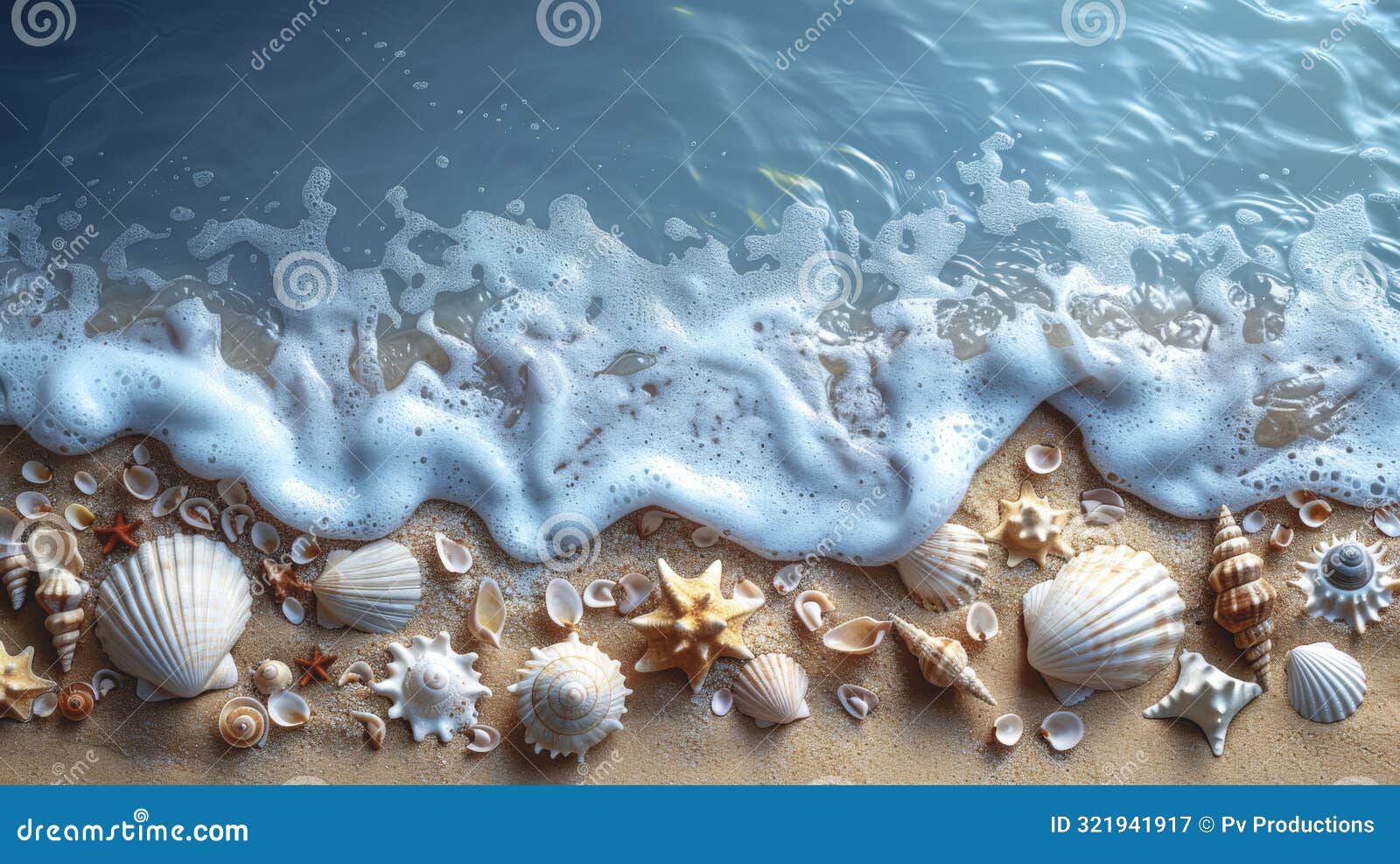 Sea Wave on a Sandy Shore with Shells, Top View. Stock Image - Image of ...