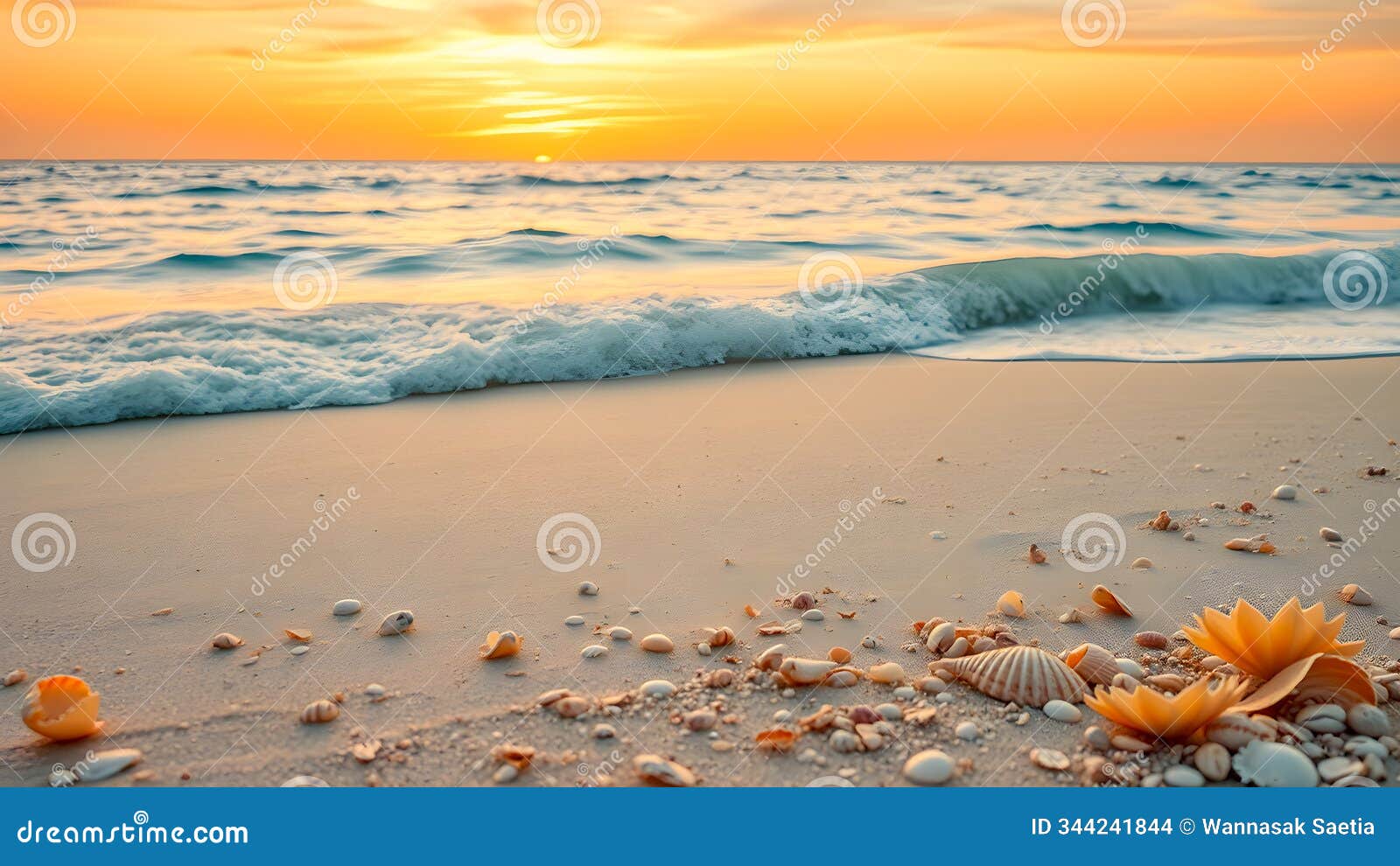 Sea Wave with Shells on the Beach at Sunset. Beautiful Sunset on the ...
