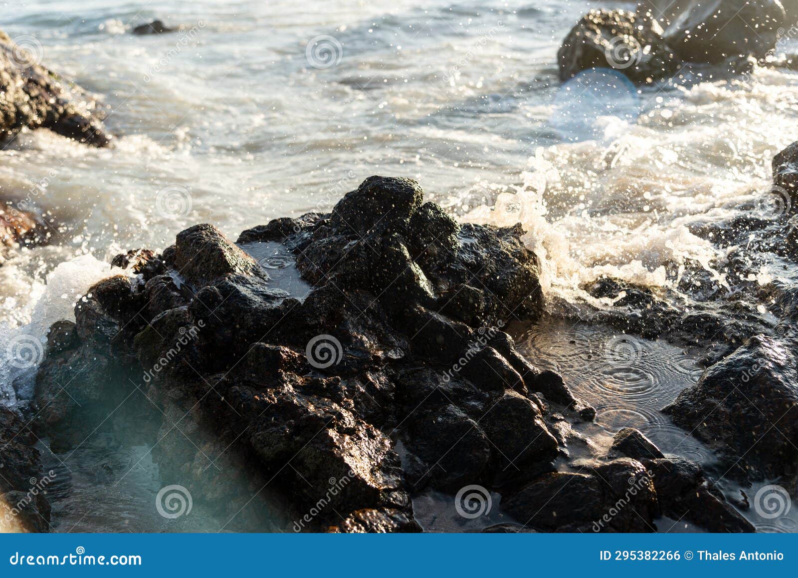 Sea Waves Breaking on the Beach Rocks Stock Photo - Image of surface ...