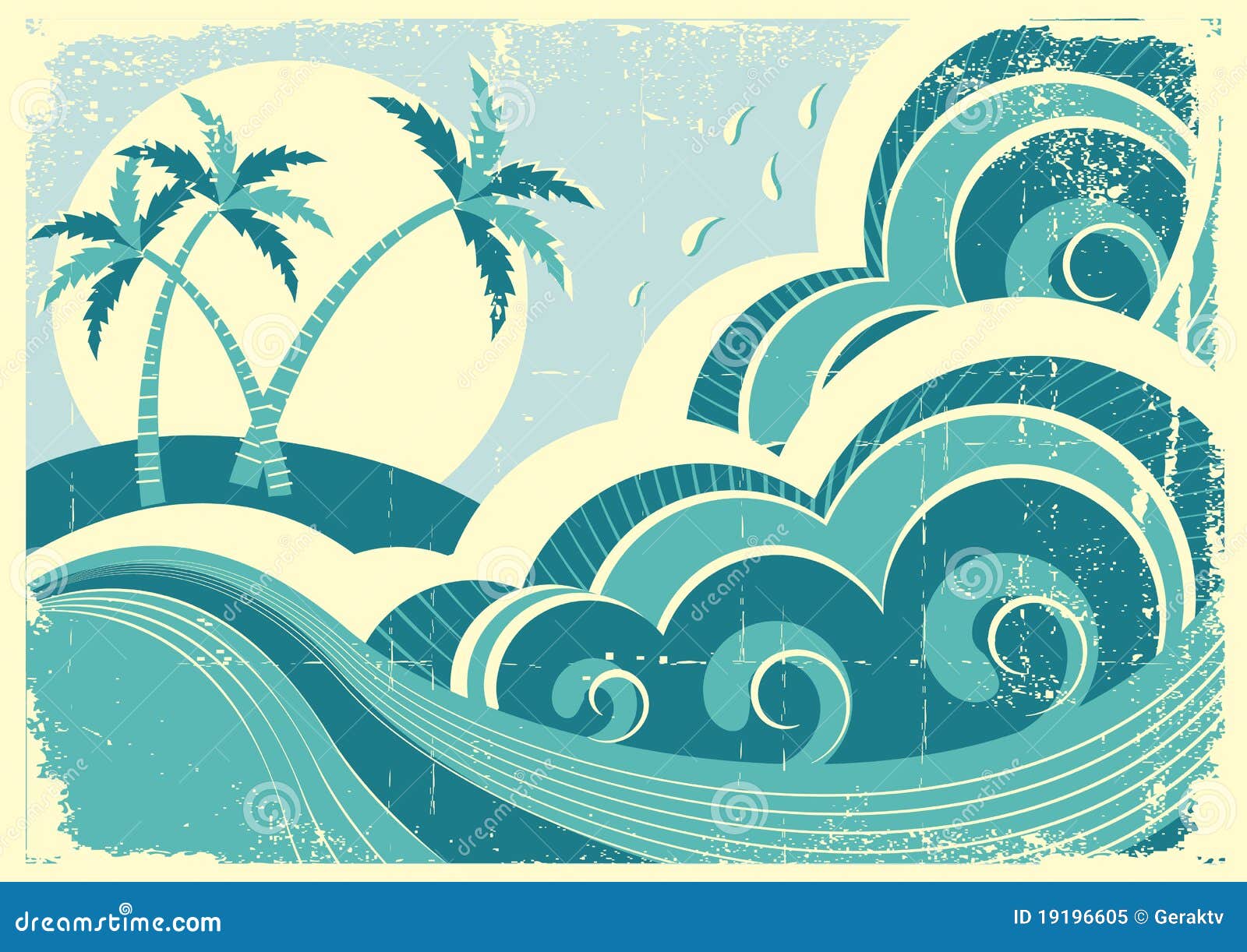 Sea waves and island. stock vector. Illustration of sunset - 19196605
