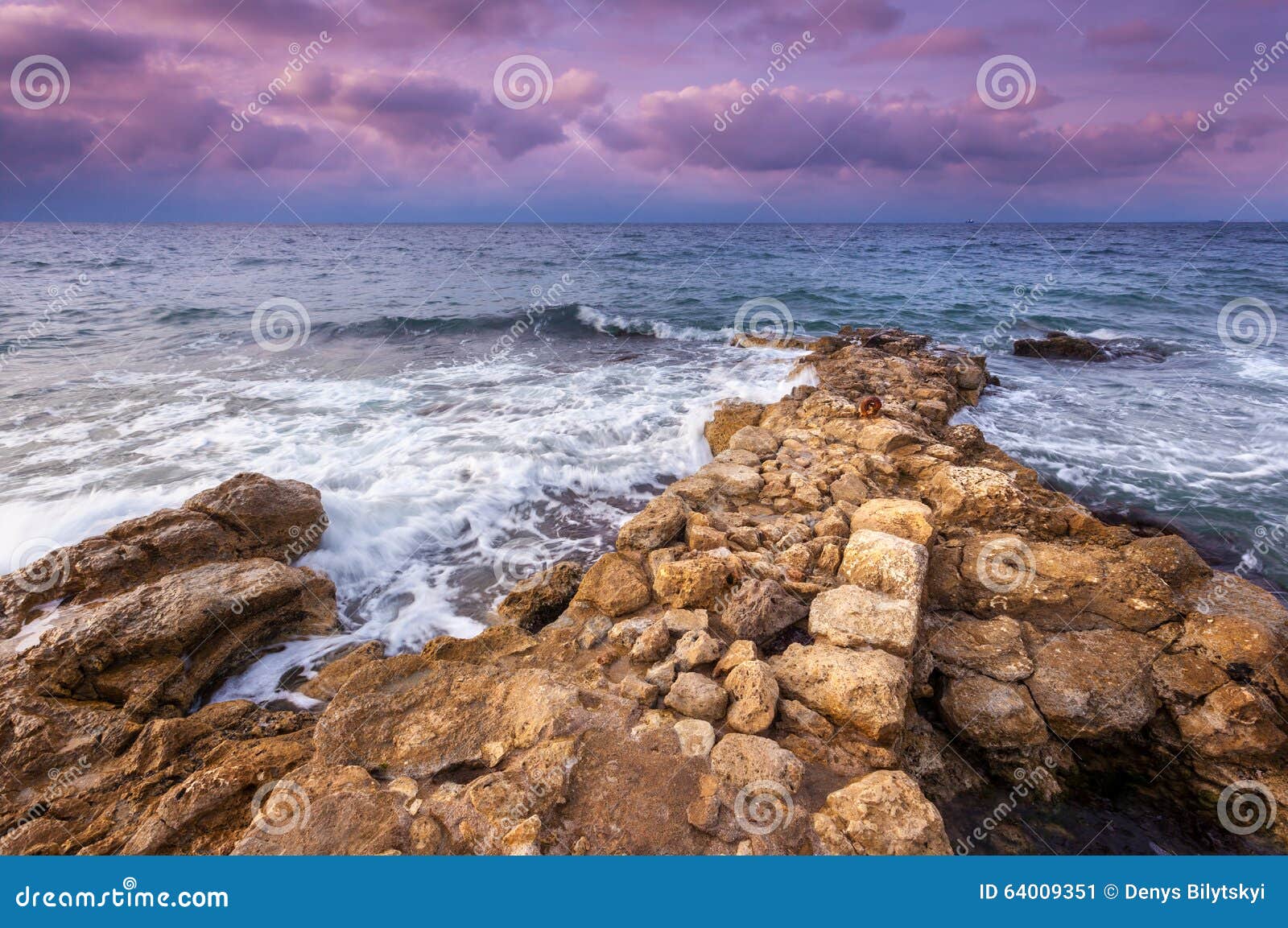Sea Waves with Rocks on the Beach at Sunset Stock Image - Image of ...