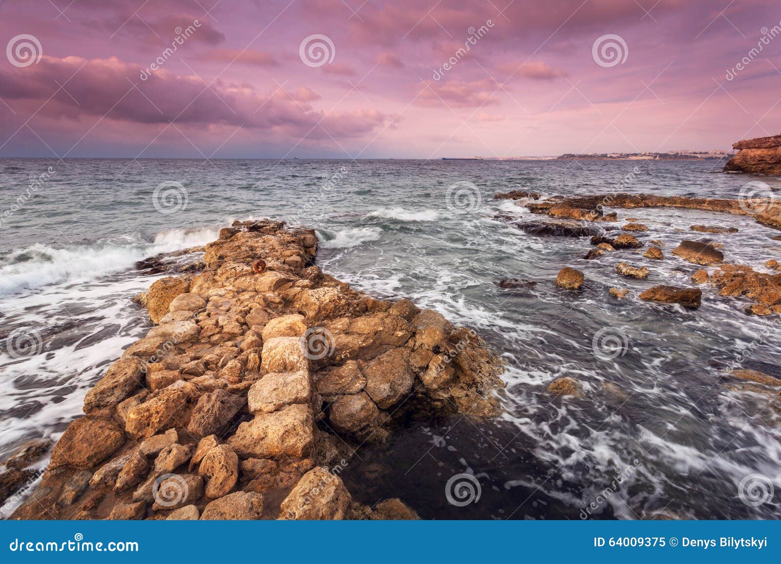 Sea Waves with Rocks on the Beach at Sunset Stock Image - Image of ...