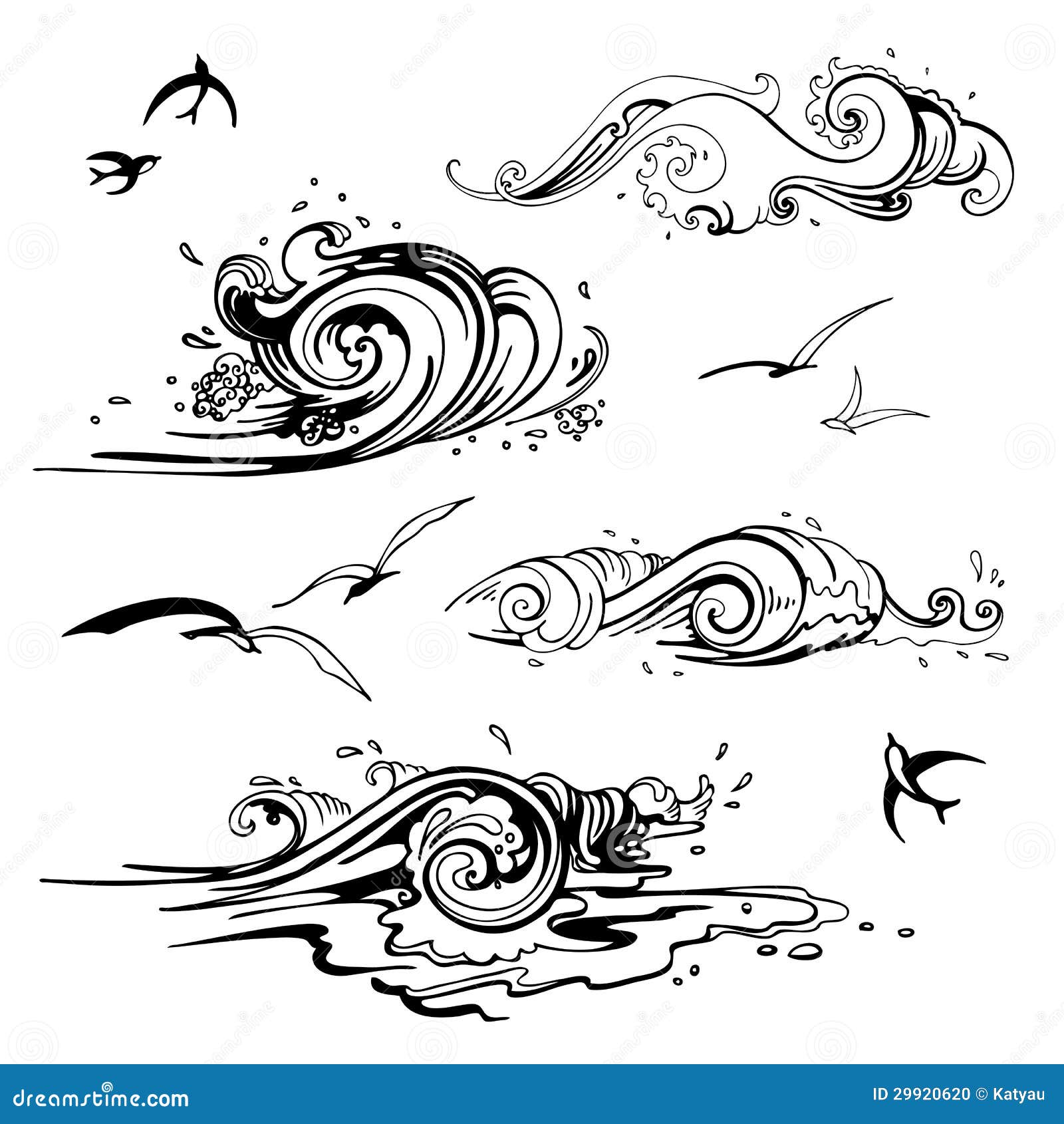 Sea Waves Set. Hand Drawn Illustration. Stock Illustration ...