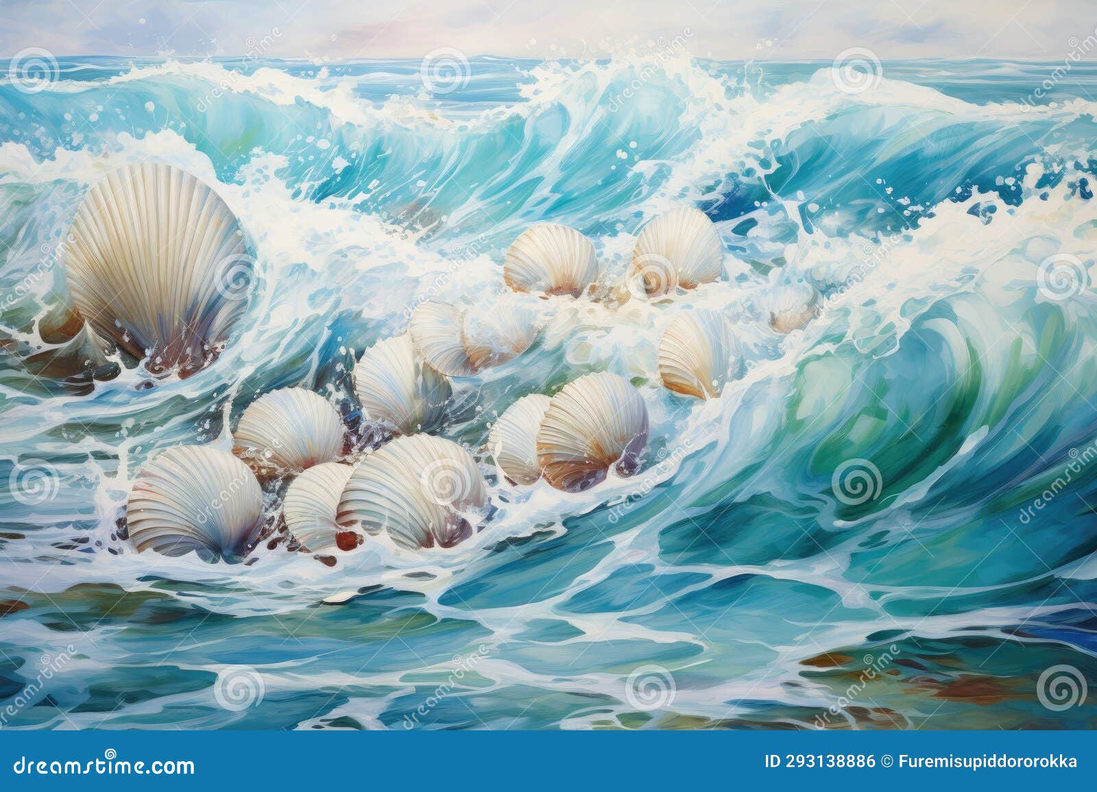 Sea Waves and Shells in an Abstract Interpretatio Stock Illustration ...