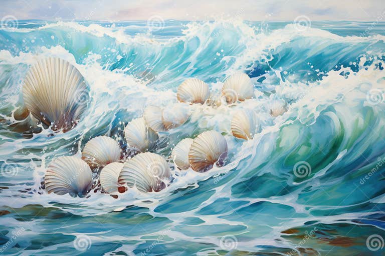 Sea Waves and Shells in an Abstract Interpretatio Stock Illustration ...