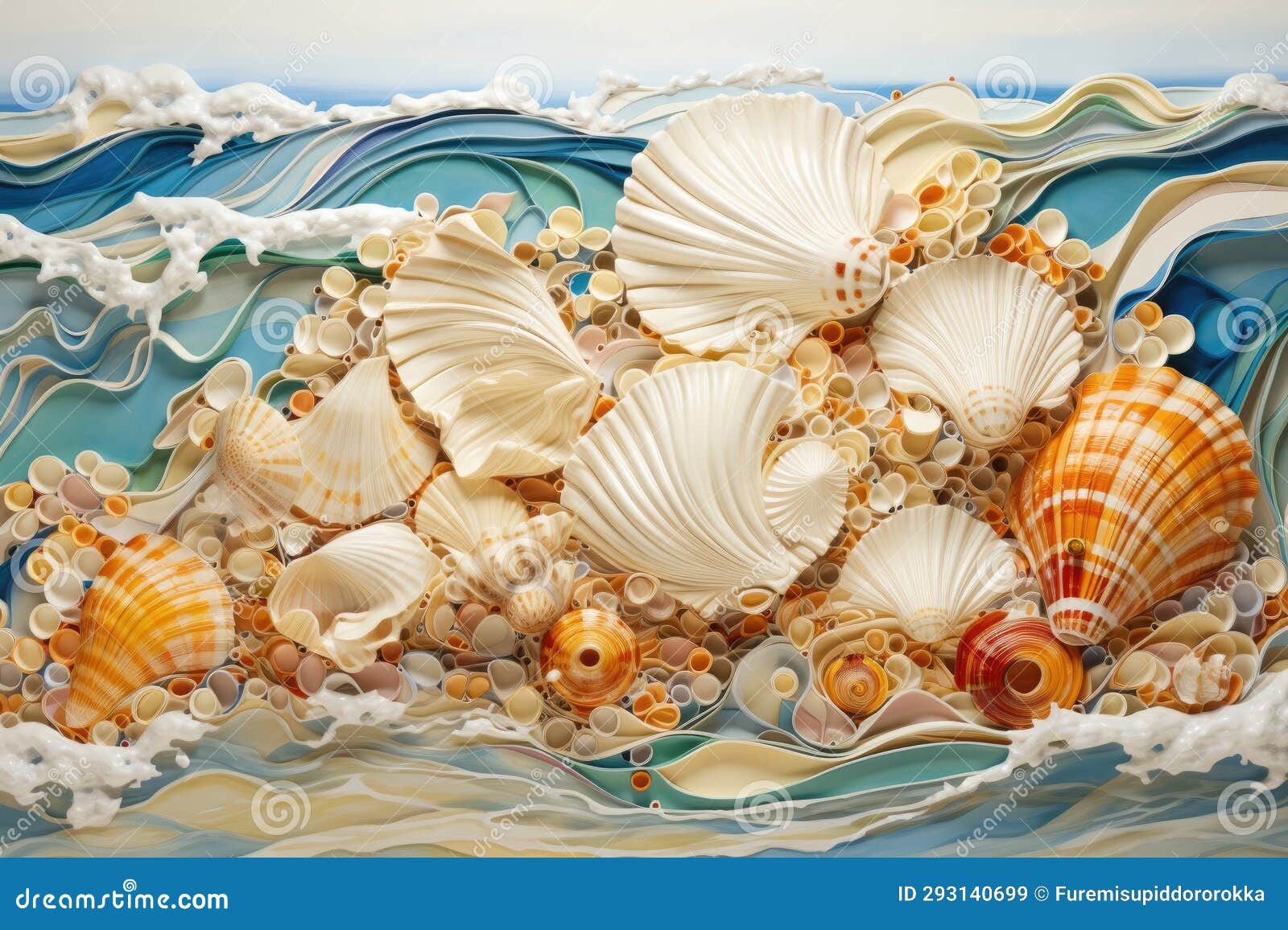 Sea Waves and Shells in an Abstract Interpretatio Stock Illustration ...