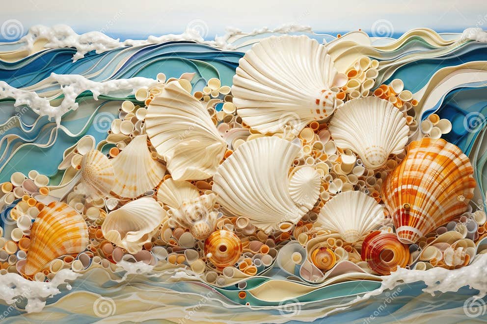 Sea Waves and Shells in an Abstract Interpretatio Stock Illustration ...