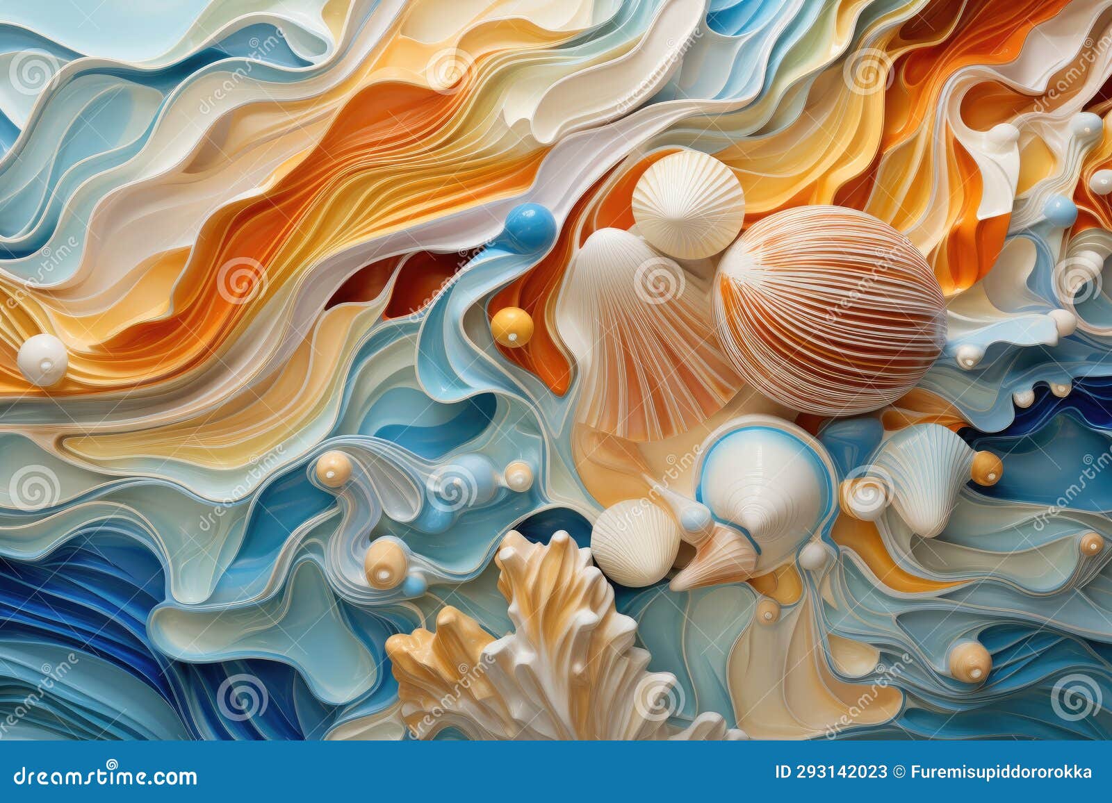 Sea Waves and Shells in an Abstract Interpretatio Stock Illustration ...