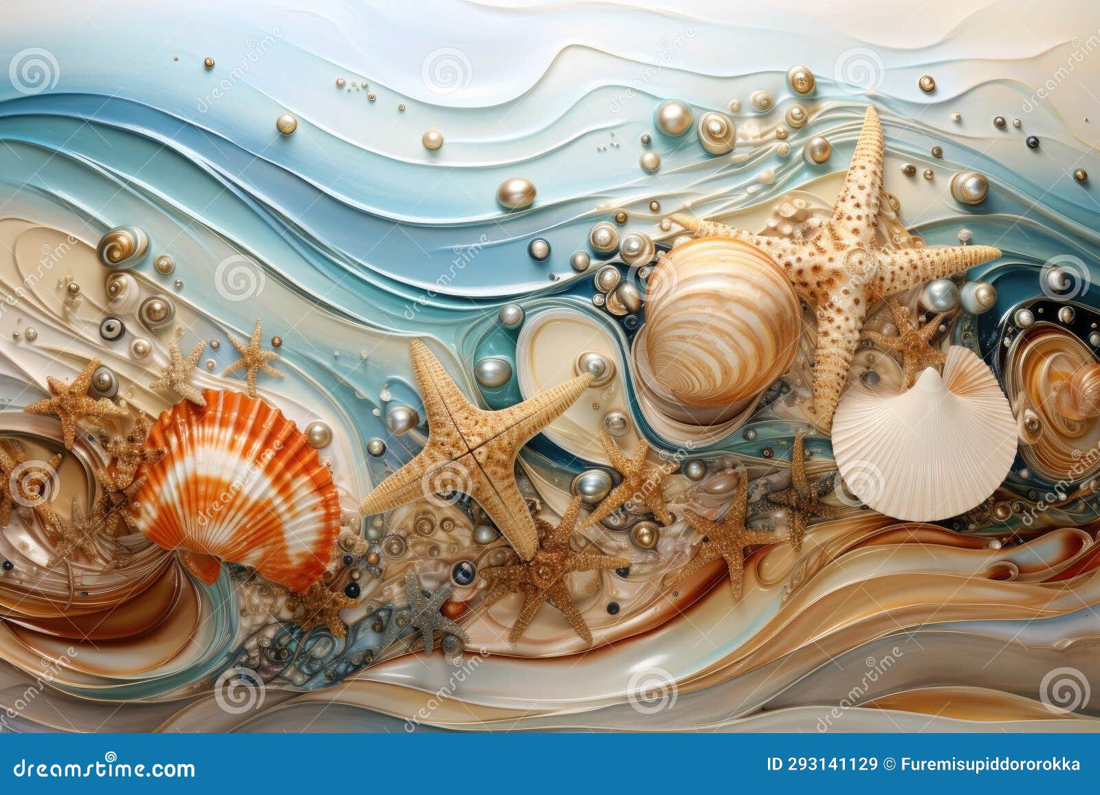 Sea Waves and Shells in an Abstract Interpretatio Stock Illustration ...