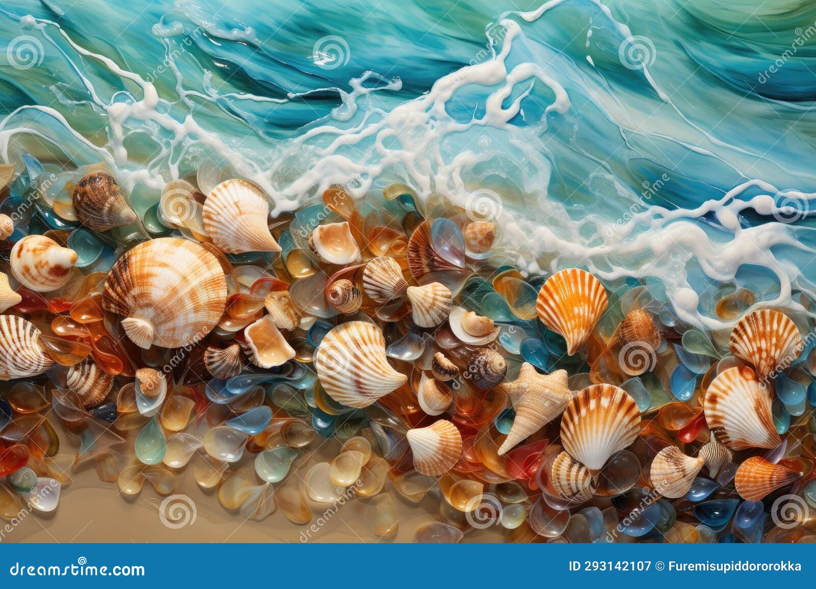 Sea Waves and Shells in an Abstract Interpretatio Stock Illustration ...