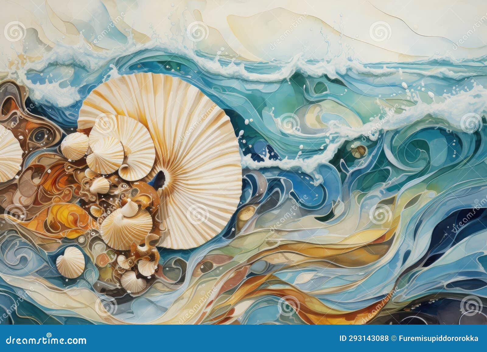 Sea Waves and Shells in an Abstract Interpretatio Stock Illustration ...