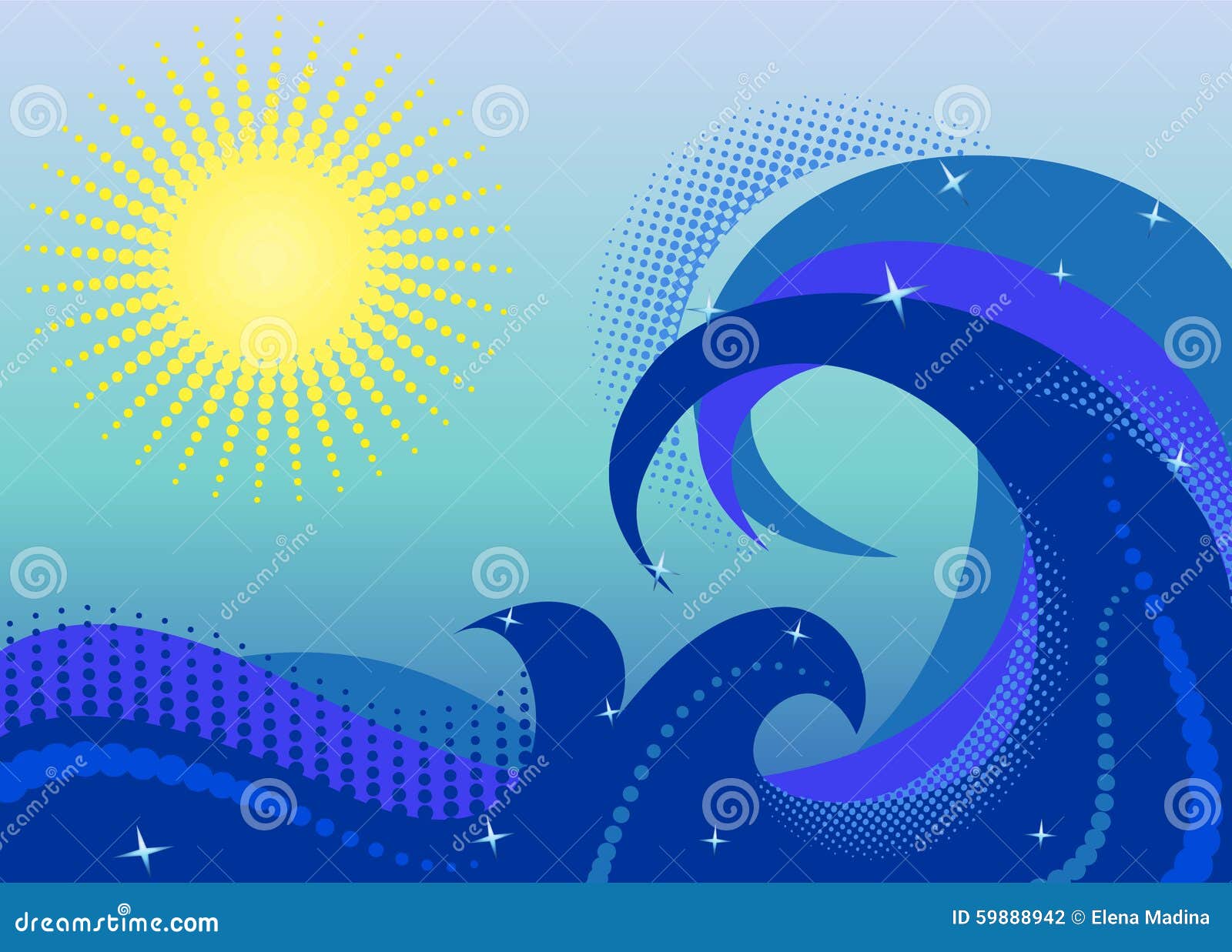 Sea waves with sun. stock illustration. Illustration of decoration ...