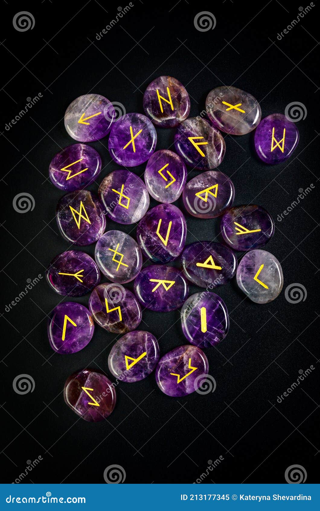 Set of Amethyst Rune Stones on the Black Background Stock Image - Image ...