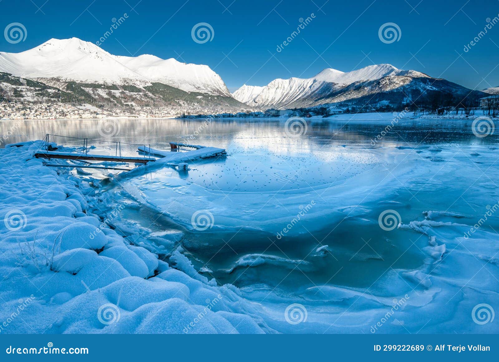 Blue Frozen Fjord with Harbor Stock Image - Image of acedil, fjord ...