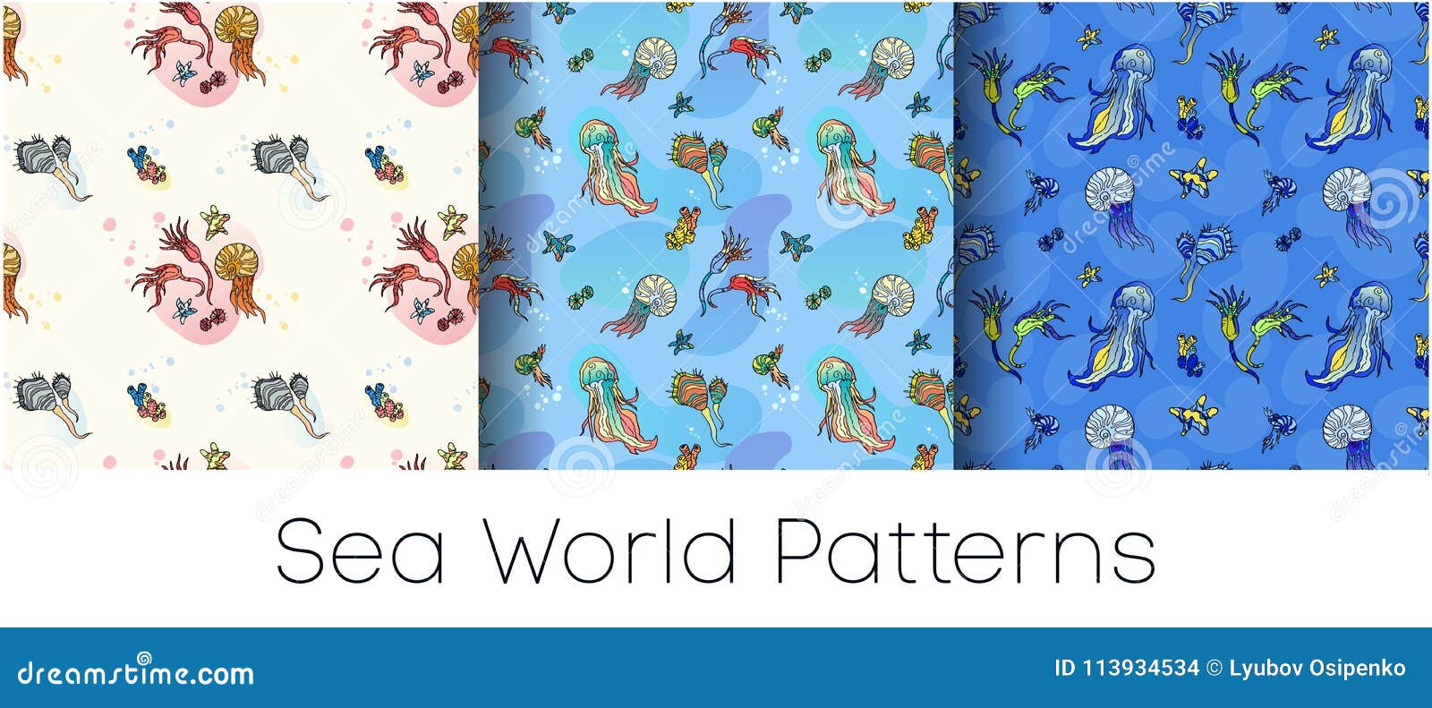 Sea World Seamless Patterns Set Stock Illustration - Illustration of ...