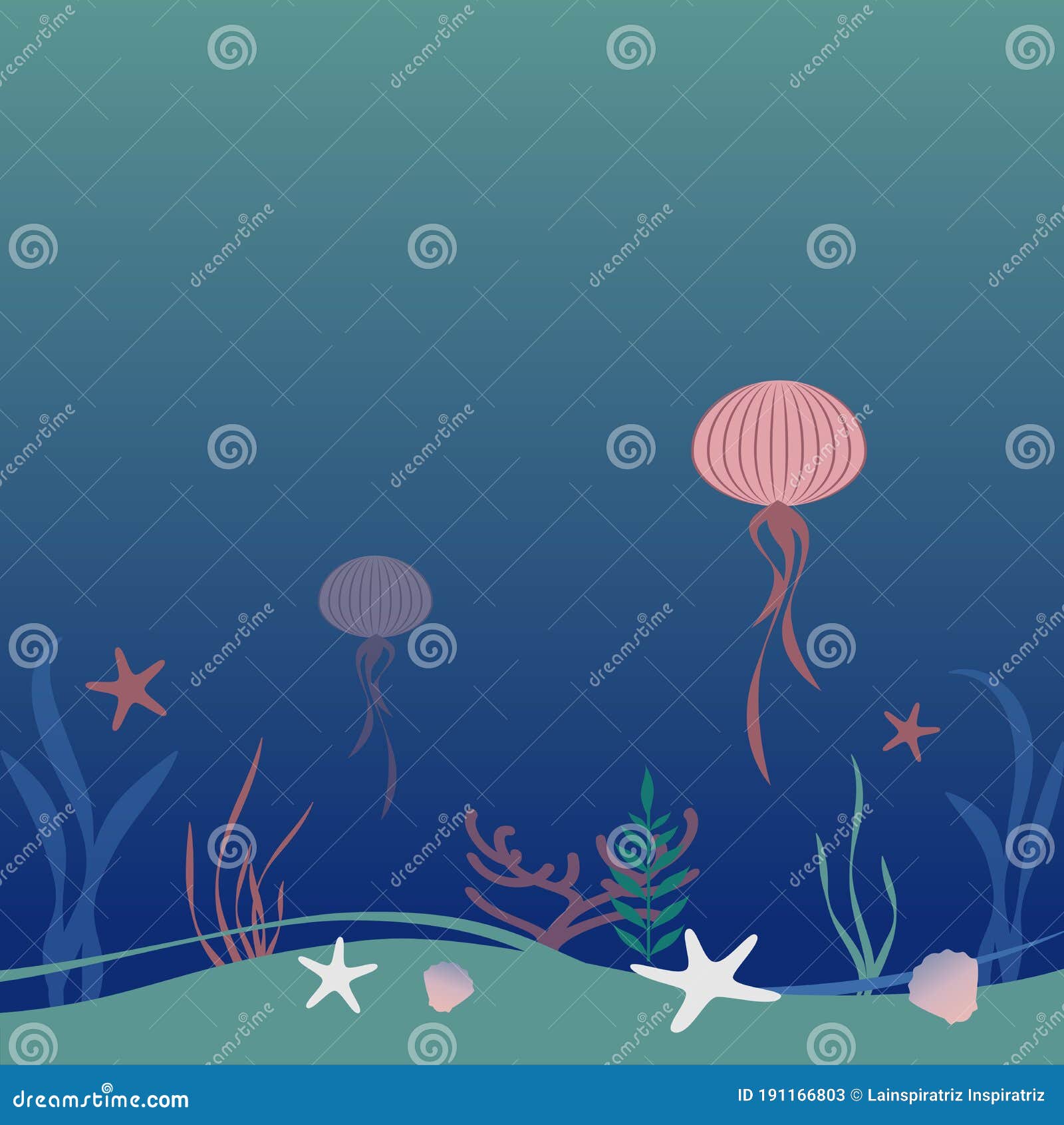 Seabed with Empty Space, Starfish, Jellyfish, Shells, Coral and Algae ...