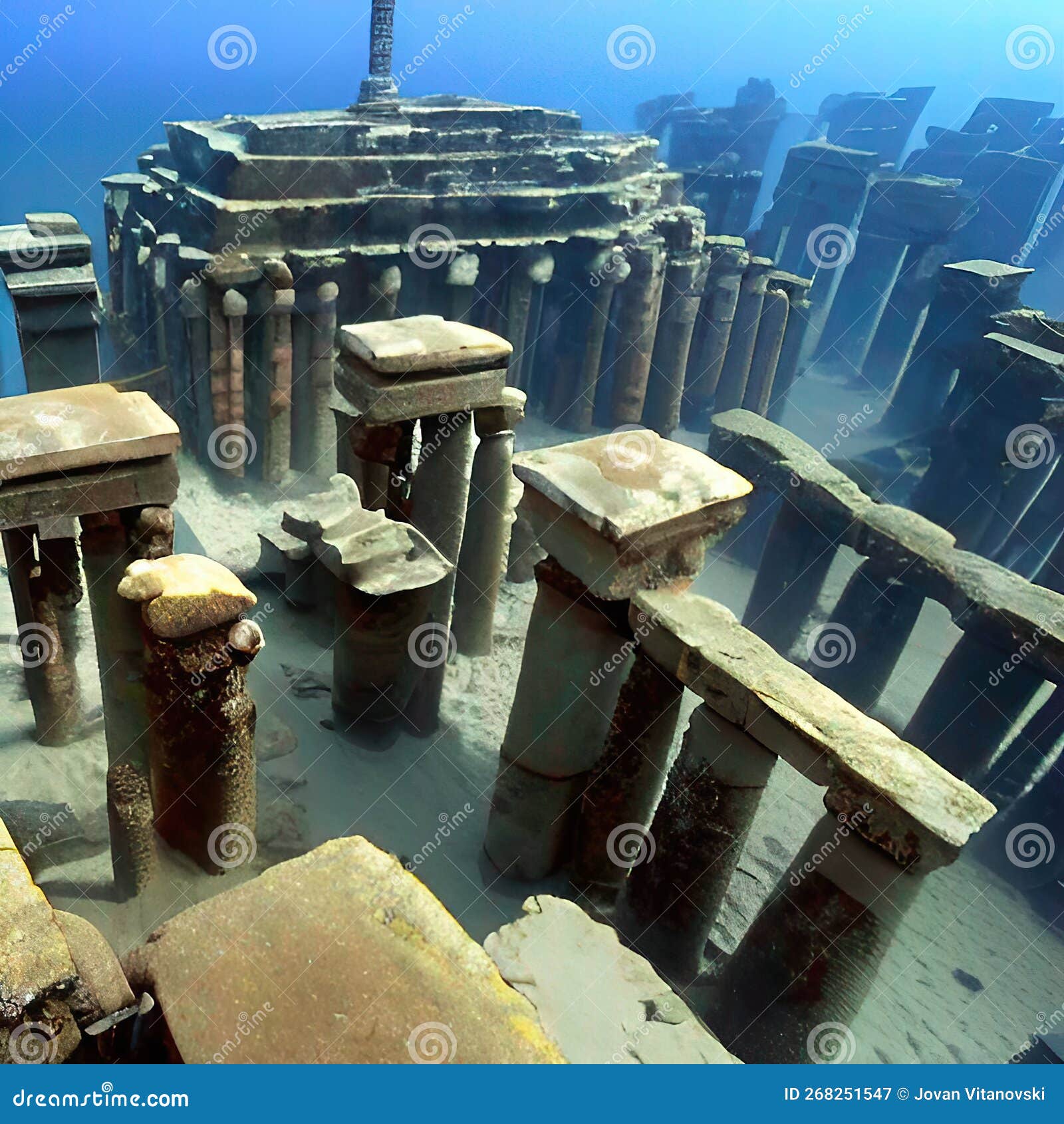 On the Seafloor, There are Old Temple Remains with Corroded Columns ...