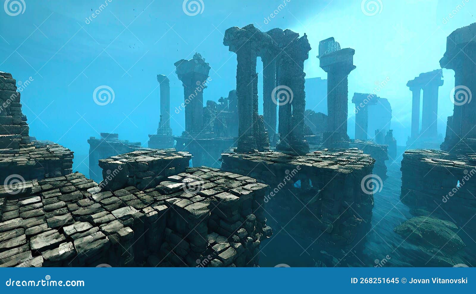 On the Seafloor, There are Old Temple Remains with Corroded Columns ...