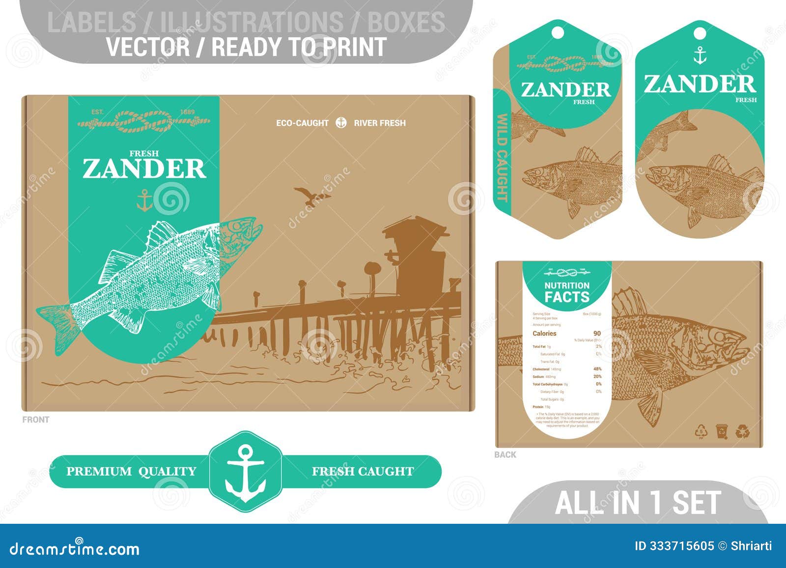 River Fish Zander Packaging Design Set - Vector Illustration with ...