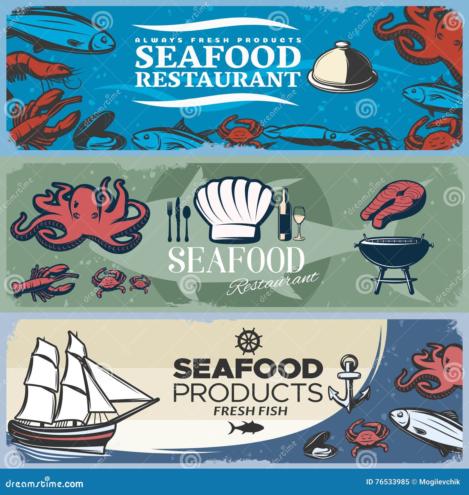 Seafood Banner Set stock vector. Illustration of food - 76533985