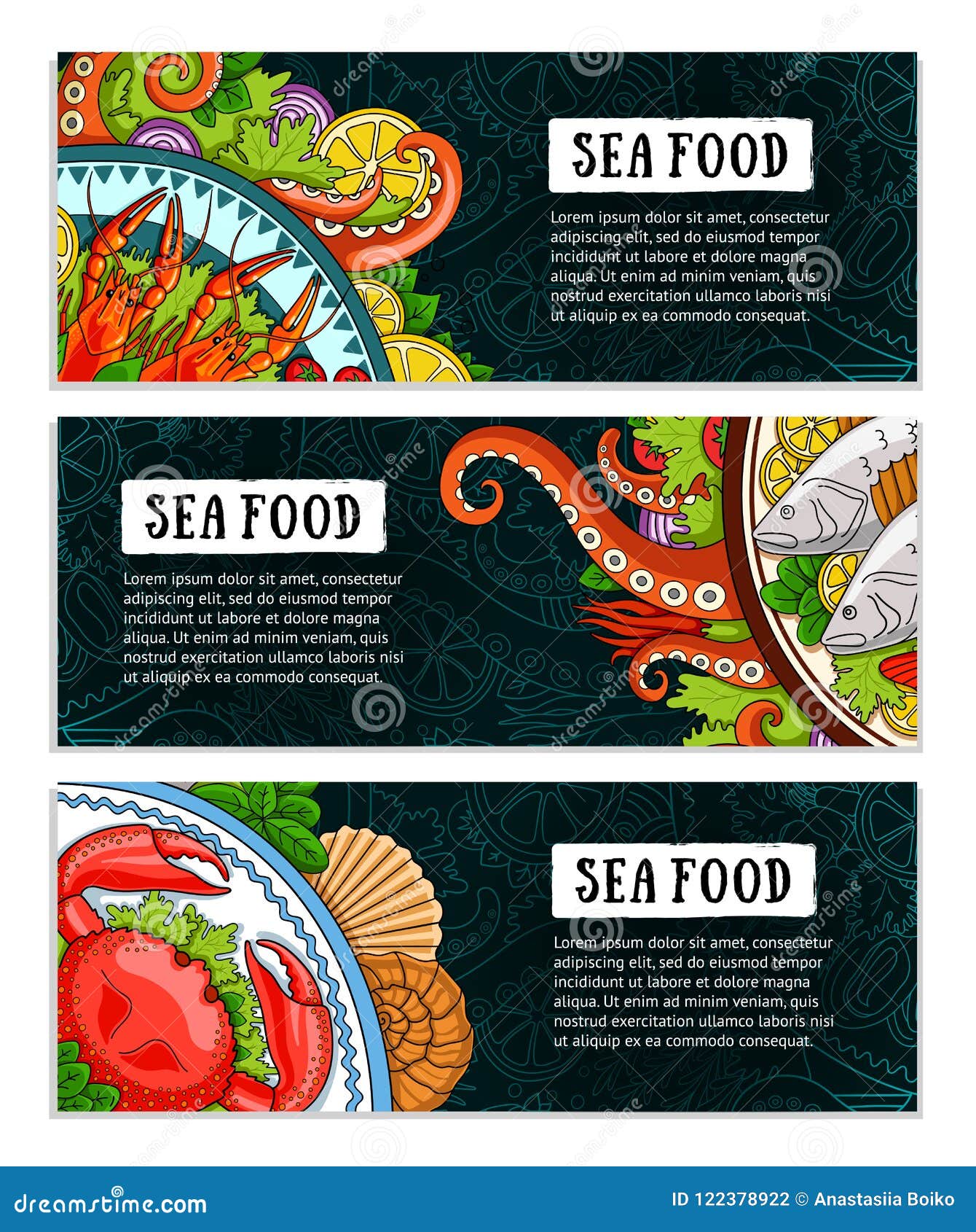 Seafood Banner Template Set. Collection of Horizontal Banners Stock ...