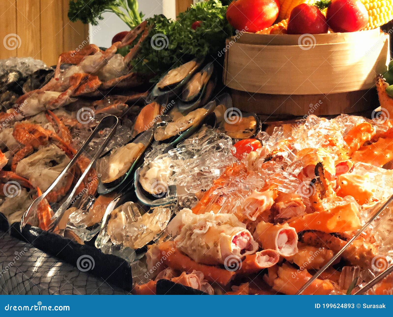 Seafood Buffet Bar of Lobster, Prawns, Squid, Mussels Stock Image ...