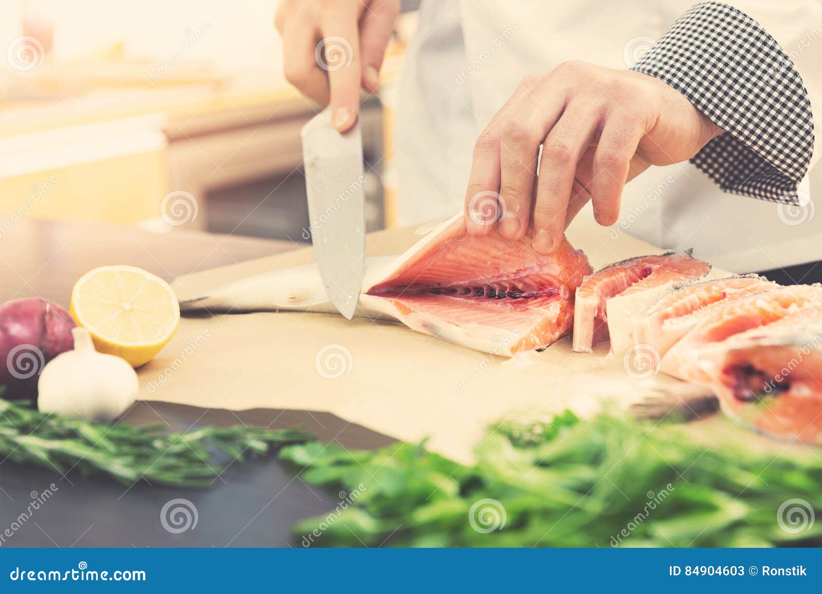 Seafood - Chef Prepares Salmon for Cooking Stock Image - Image of ...