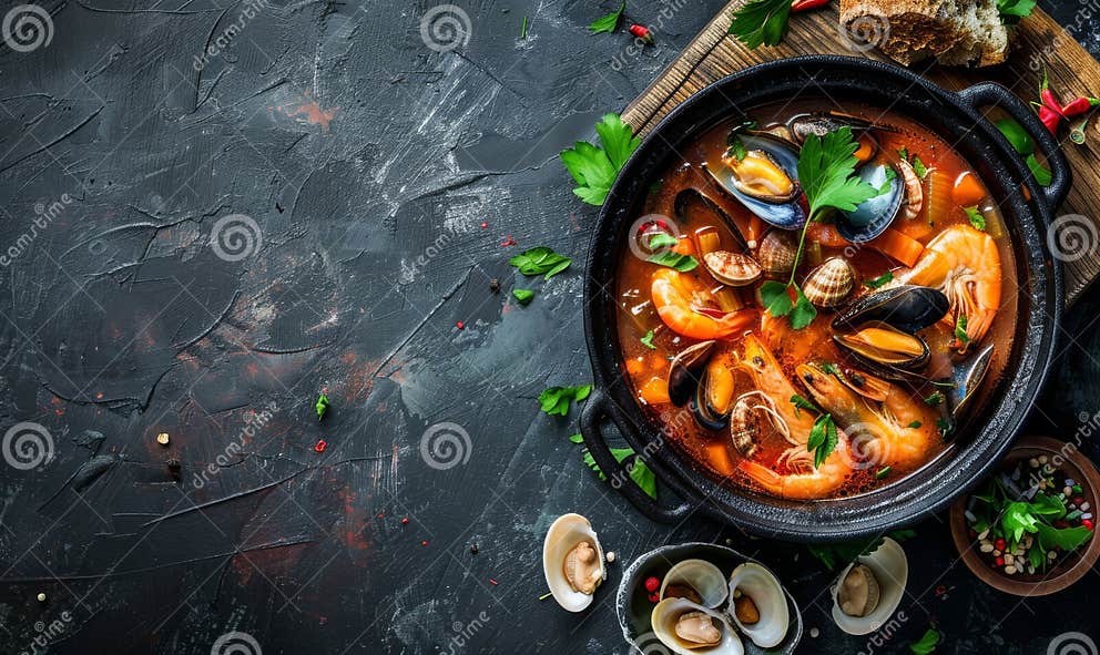 Seafood Chowder Soup on Rustic Background with Copyspace Stock ...