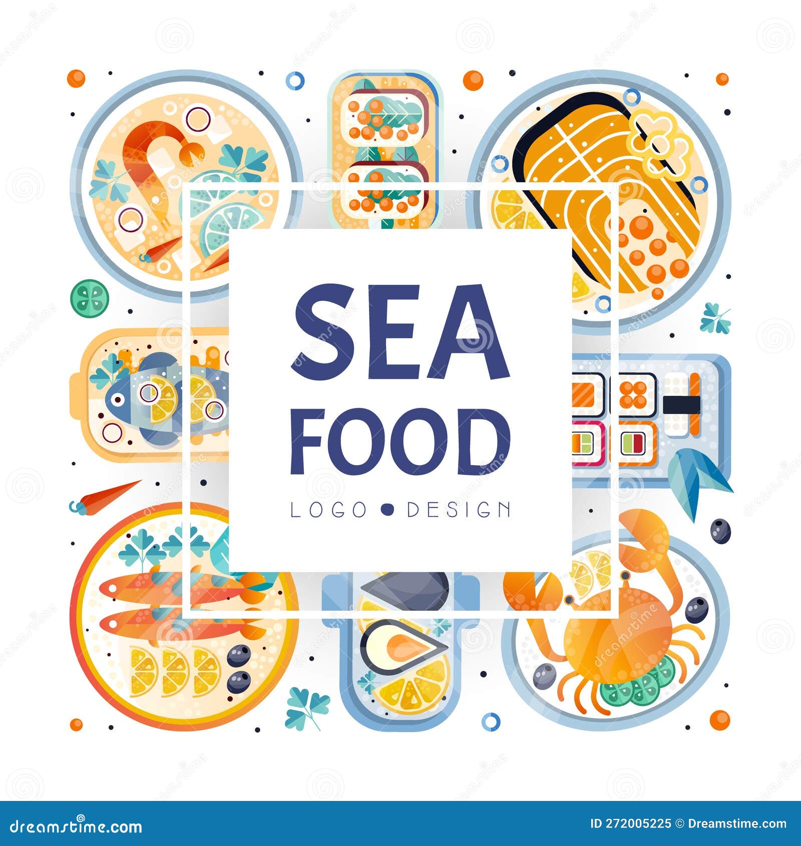 Seafood Design with Fish and Shellfish Dish Served on Plate Vector ...