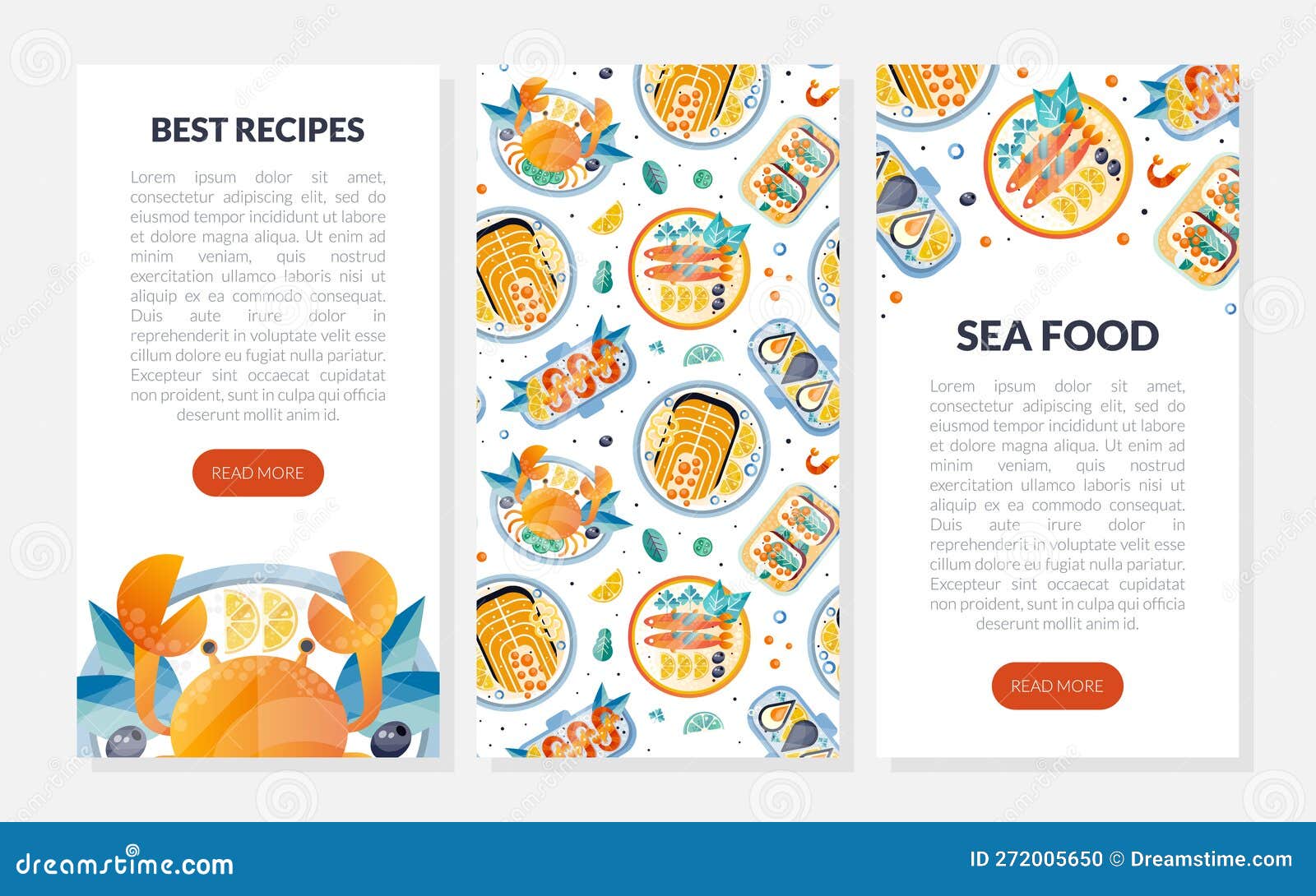 Seafood Design with Fish and Shellfish Dish Served on Plate Vector ...