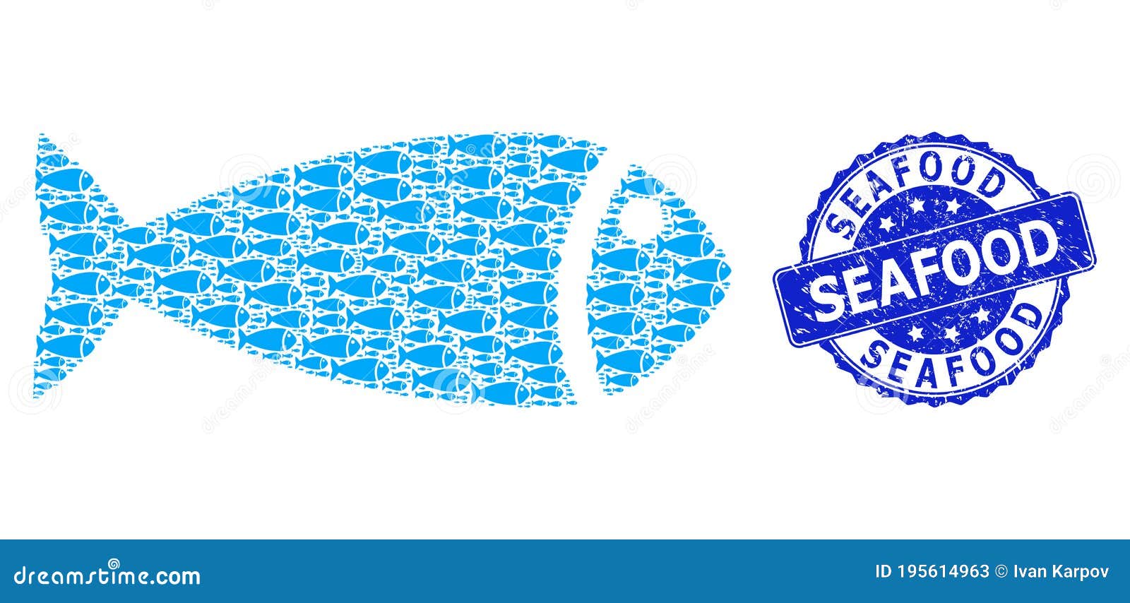 Distress Seafood Round Watermark And Fractal Fish Icon Collage Cartoon ...