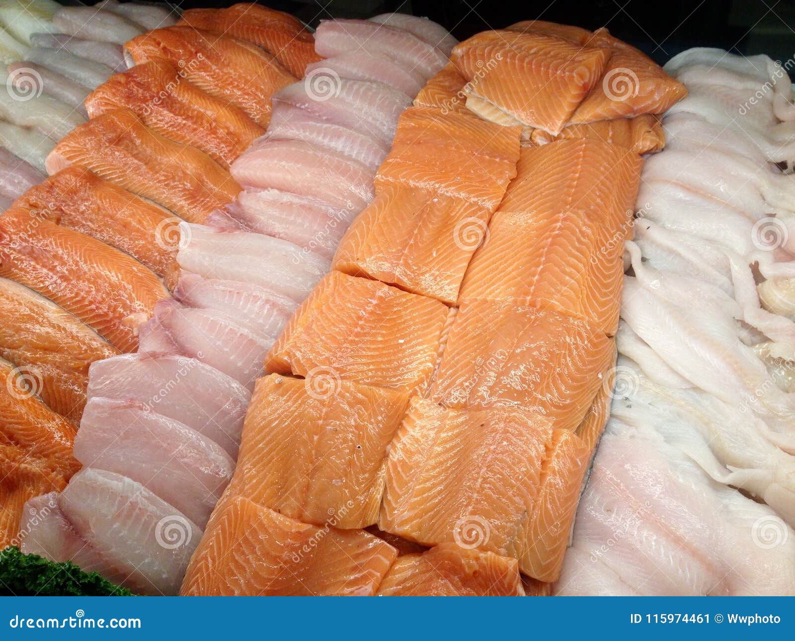 Seafood display case stock image. Image of salmon, gourmet - 115974461