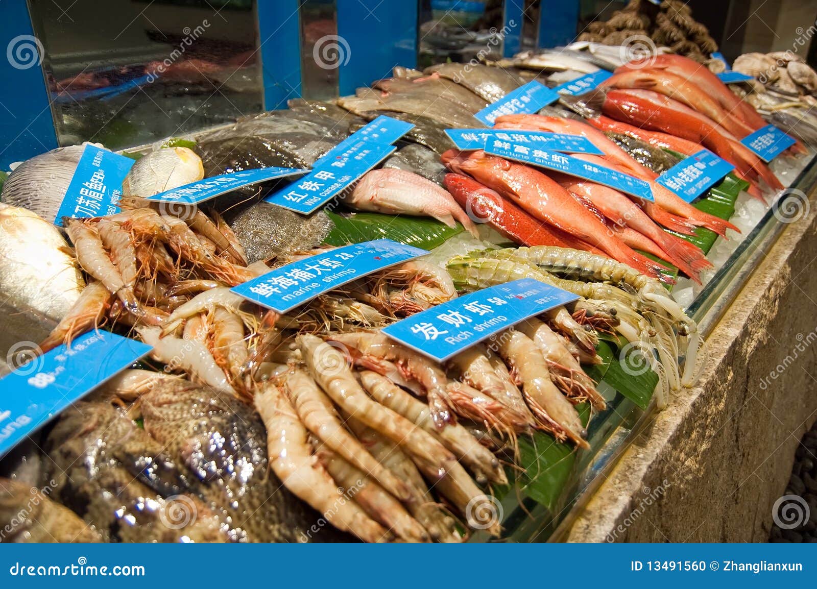 Seafood display in market stock photo. Image of mollusks - 13491560