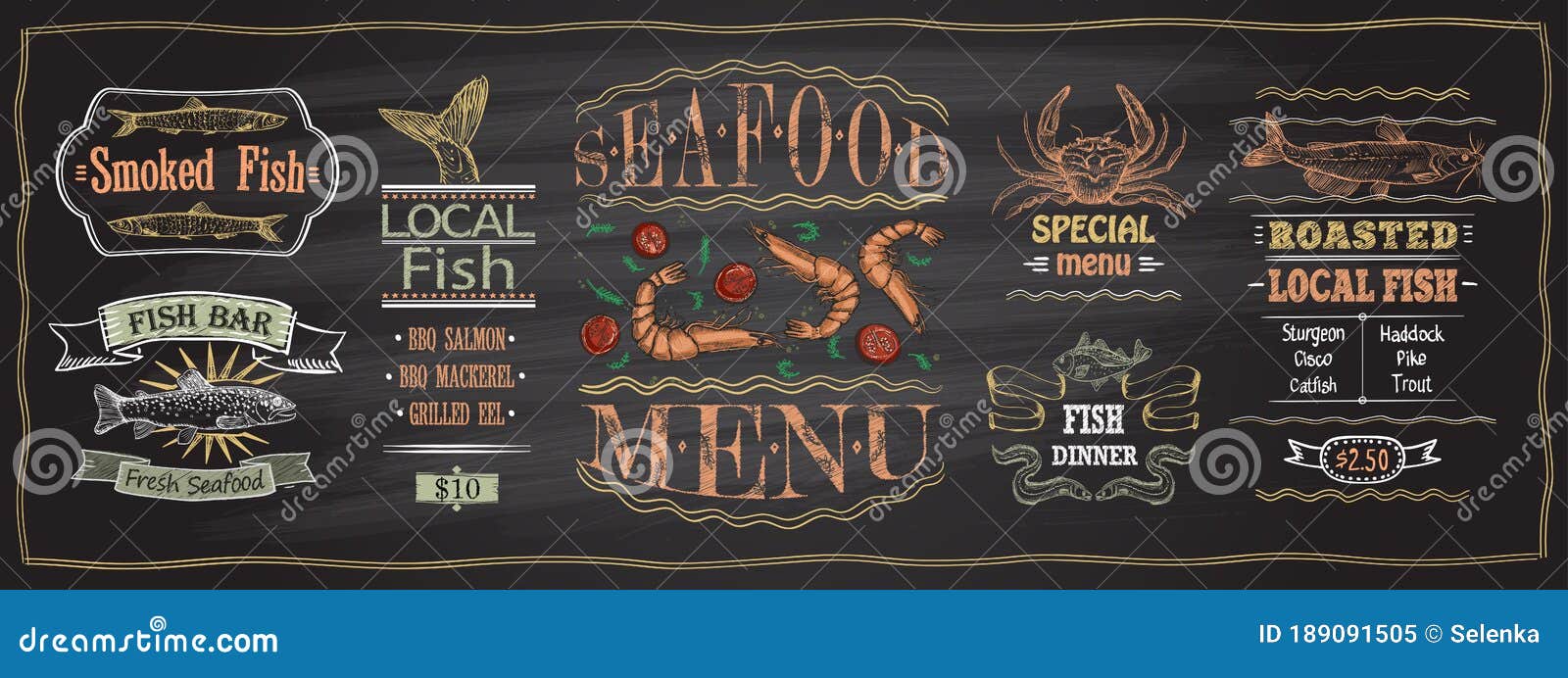 Seafood and Fish Menu Chalkboard Template, Hand Drawn Stock Vector ...