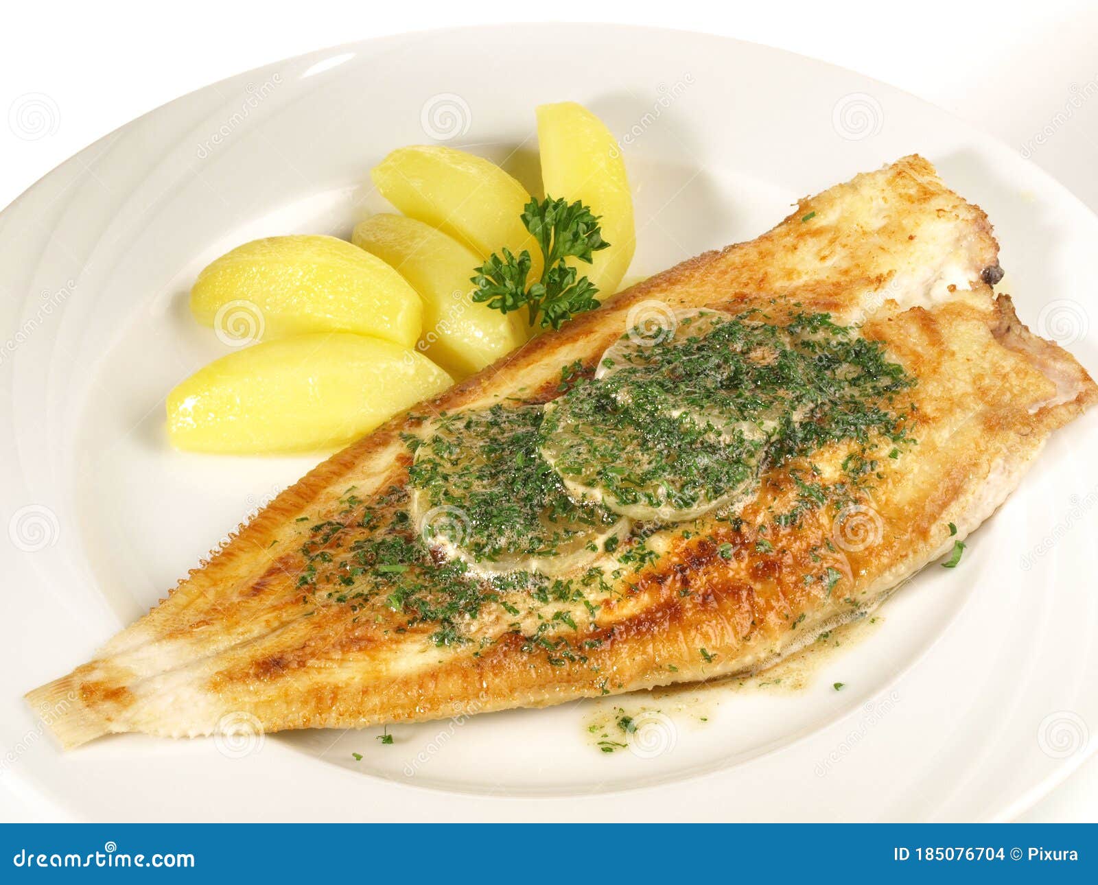 Seafood - Flatfish with Potatoes - Flatfish on White Background Stock ...