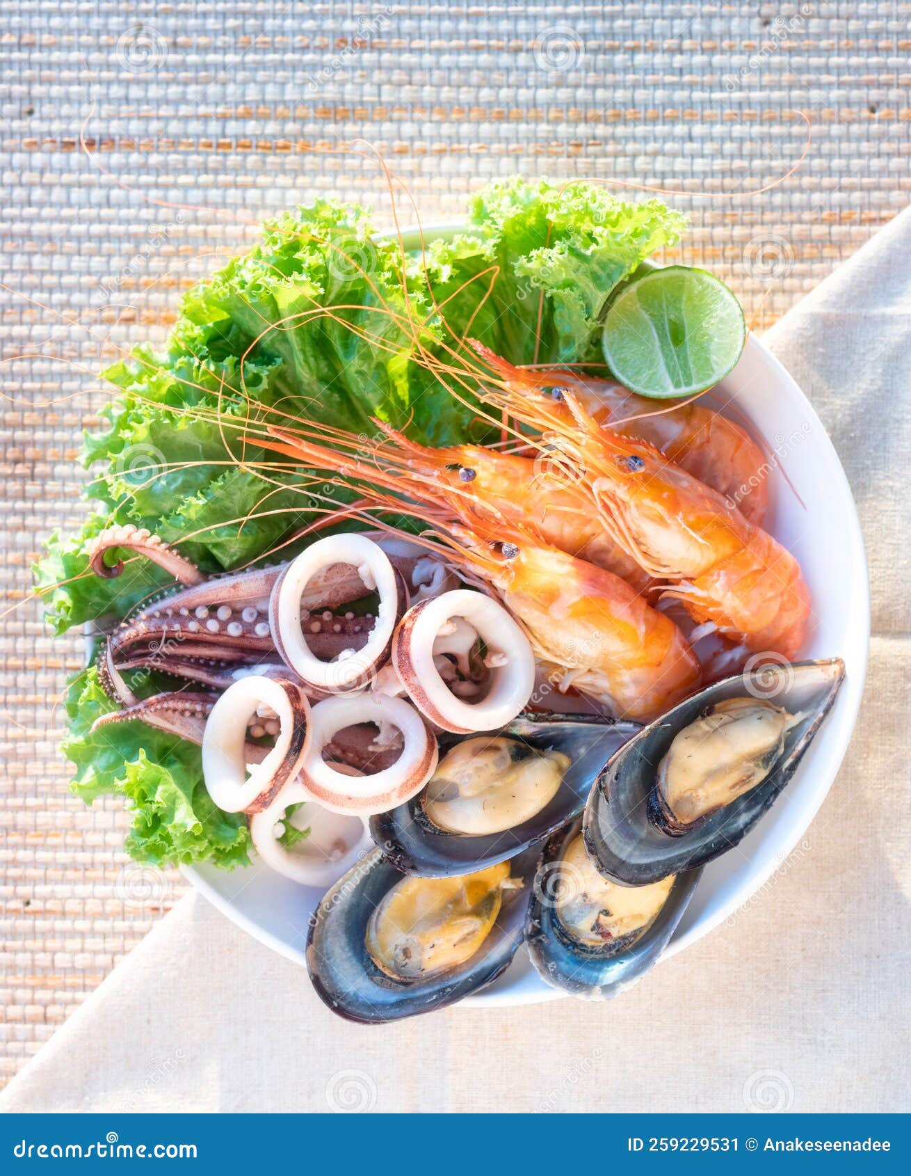 Seafood Food in White Bowl, Shrimp, Squid, Shellfish Stock Image ...