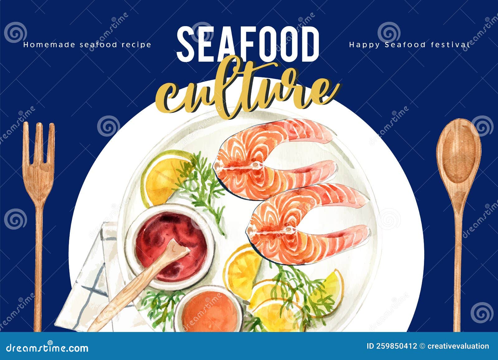 Seafood Frame Design with Illustration Watercolor Stock Illustration ...