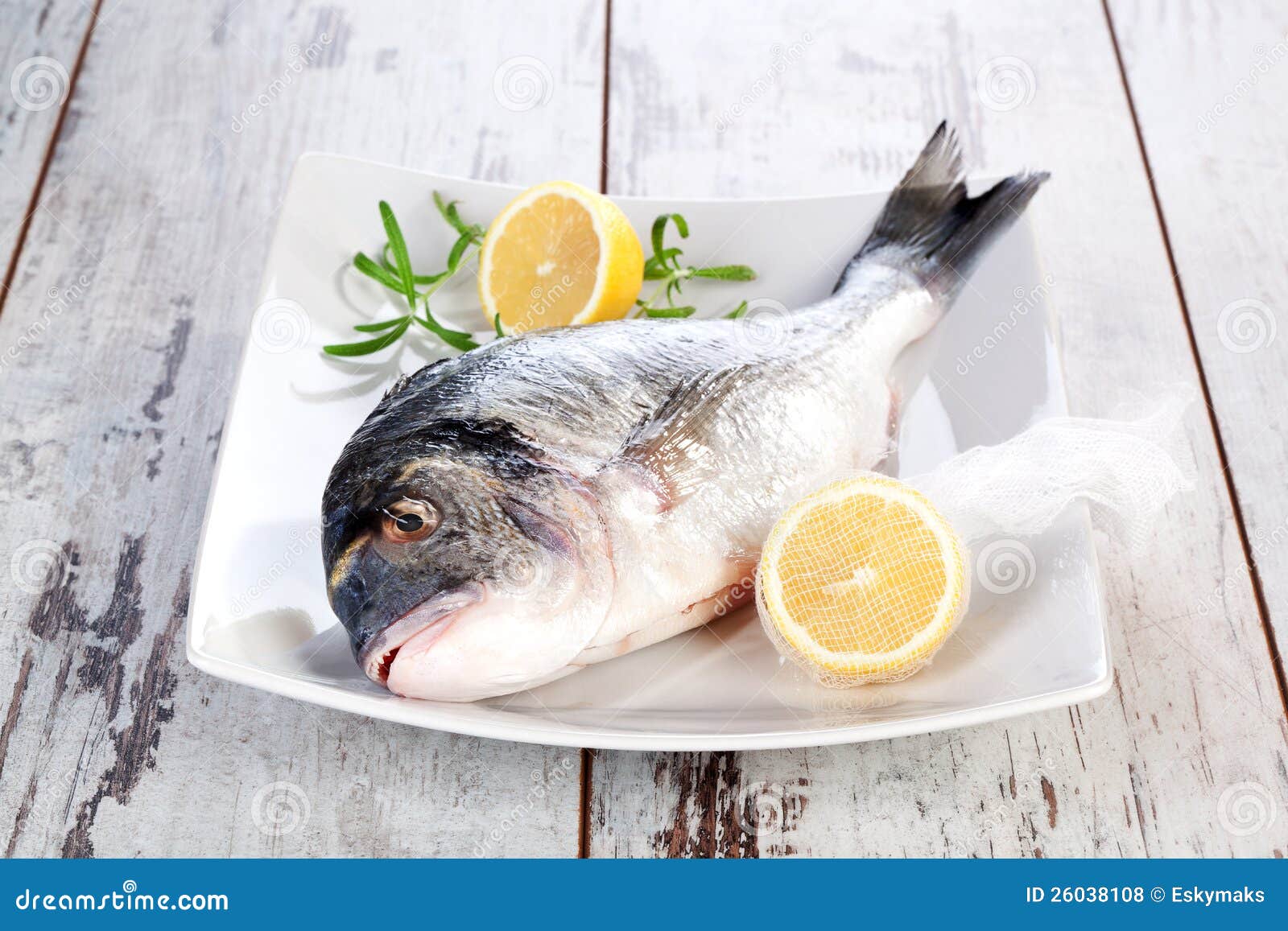 Seafood. Fresh Fish on White Plate. Stock Photo - Image of gilthead ...