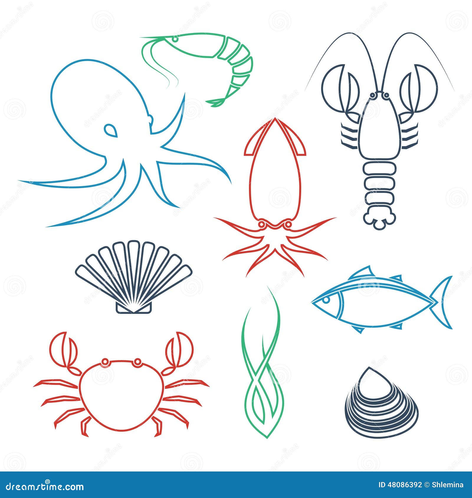 Seafood icons set stock vector. Illustration of seashell - 48086392