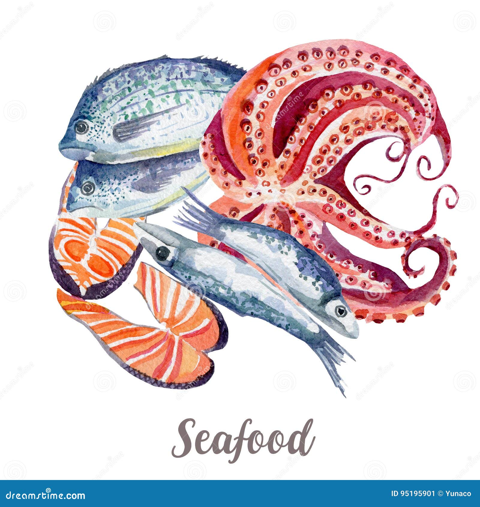 Seafood Illustration. Hand Drawn Watercolor on White Background. Stock ...