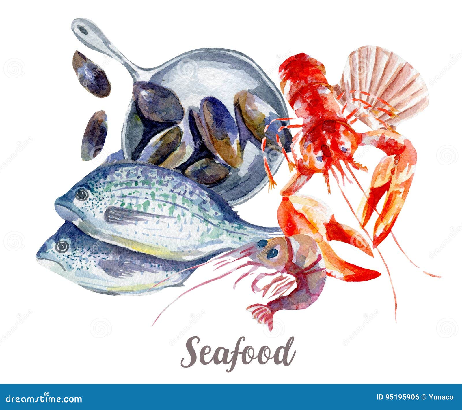 Seafood Illustration. Hand Drawn Watercolor on White Background. Stock ...