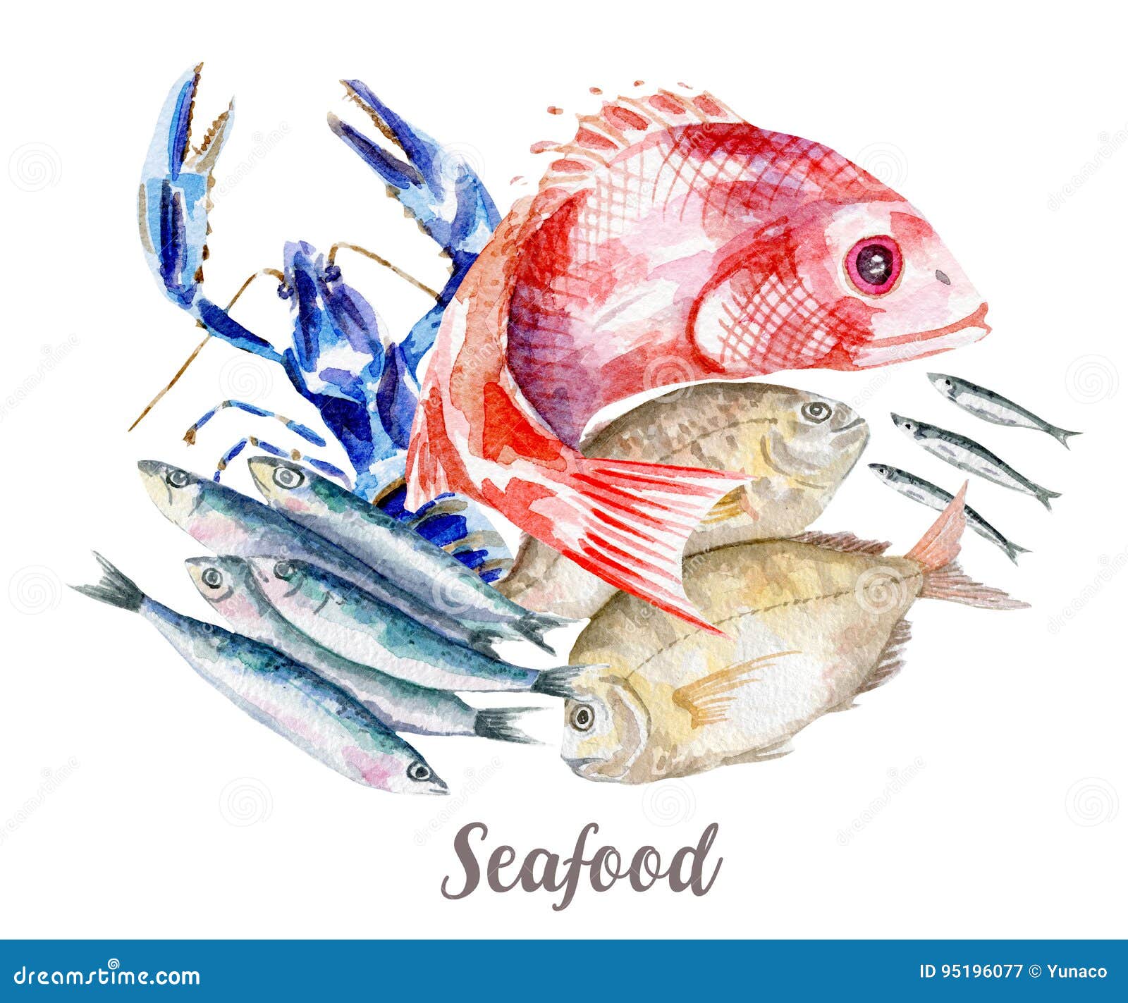 Seafood Illustration. Hand Drawn Watercolor on White Background. Stock ...