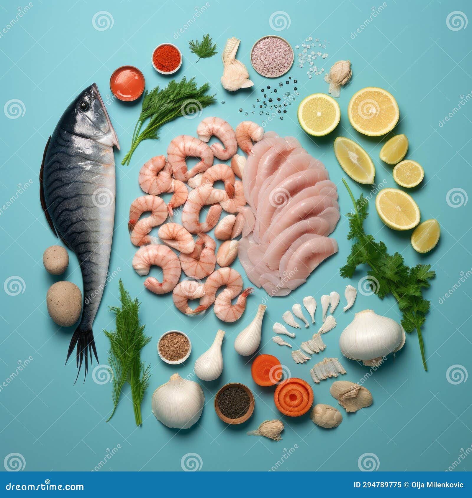 Seafood Ingredients on Blue Background. Top View, Flat Lay Stock Image ...