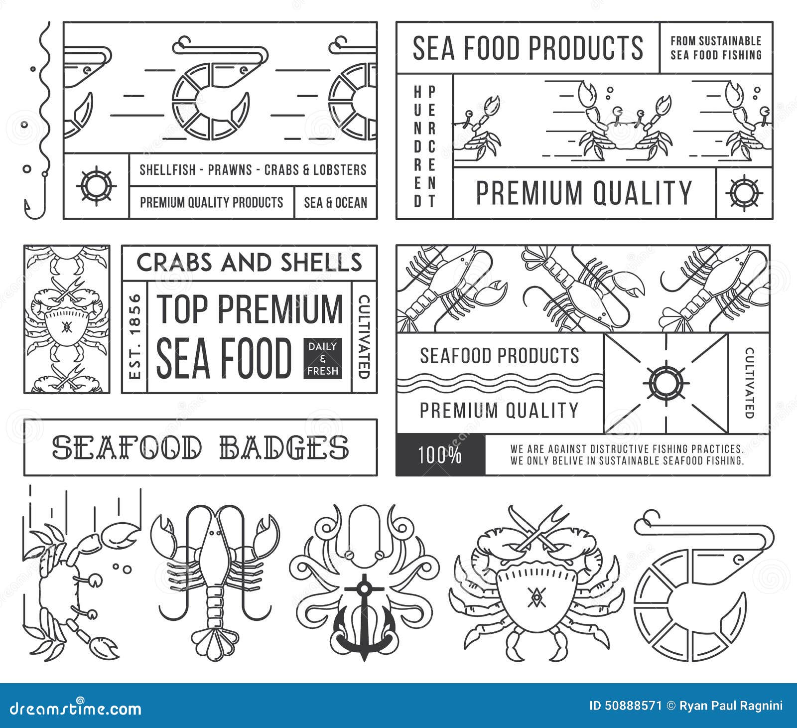 Seafood Labels and Badges Vol. 4 Black on White Stock Illustration ...