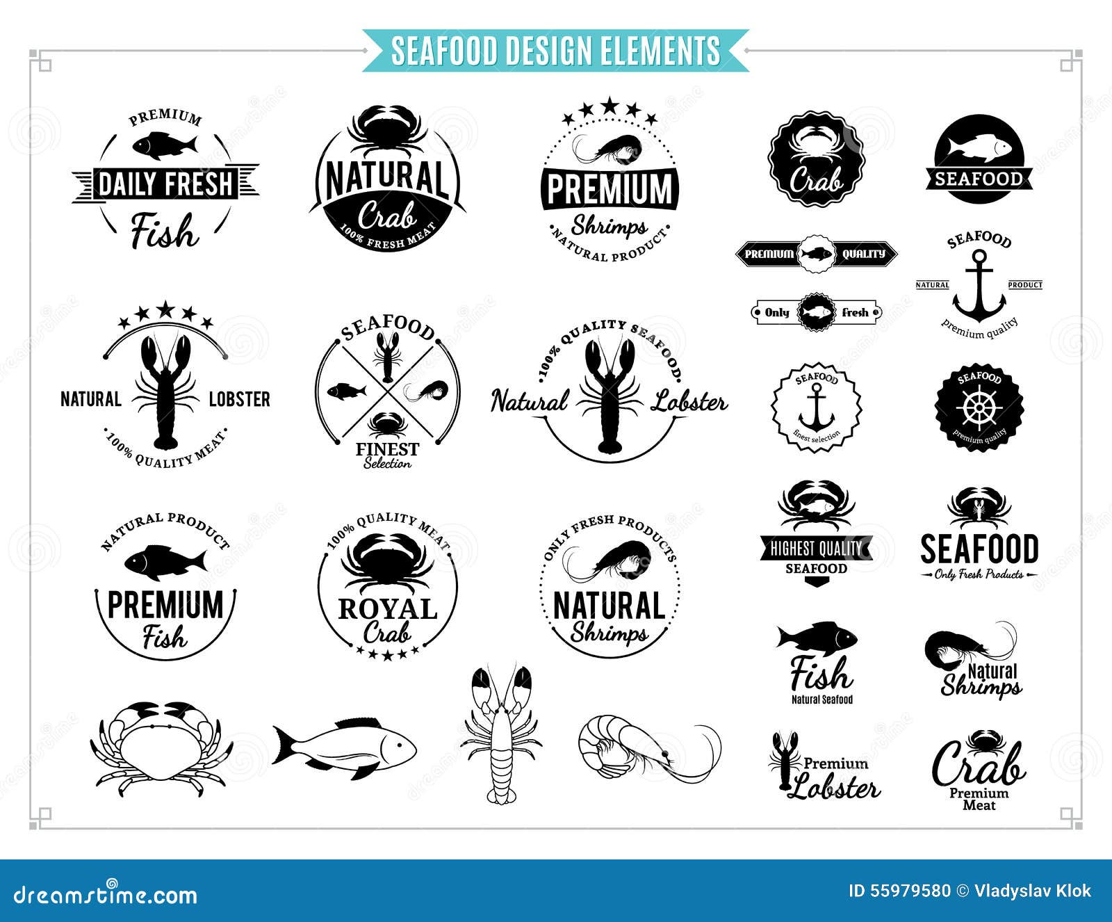 Seafood Labels, Sea Animals and Design Elements Stock Vector ...